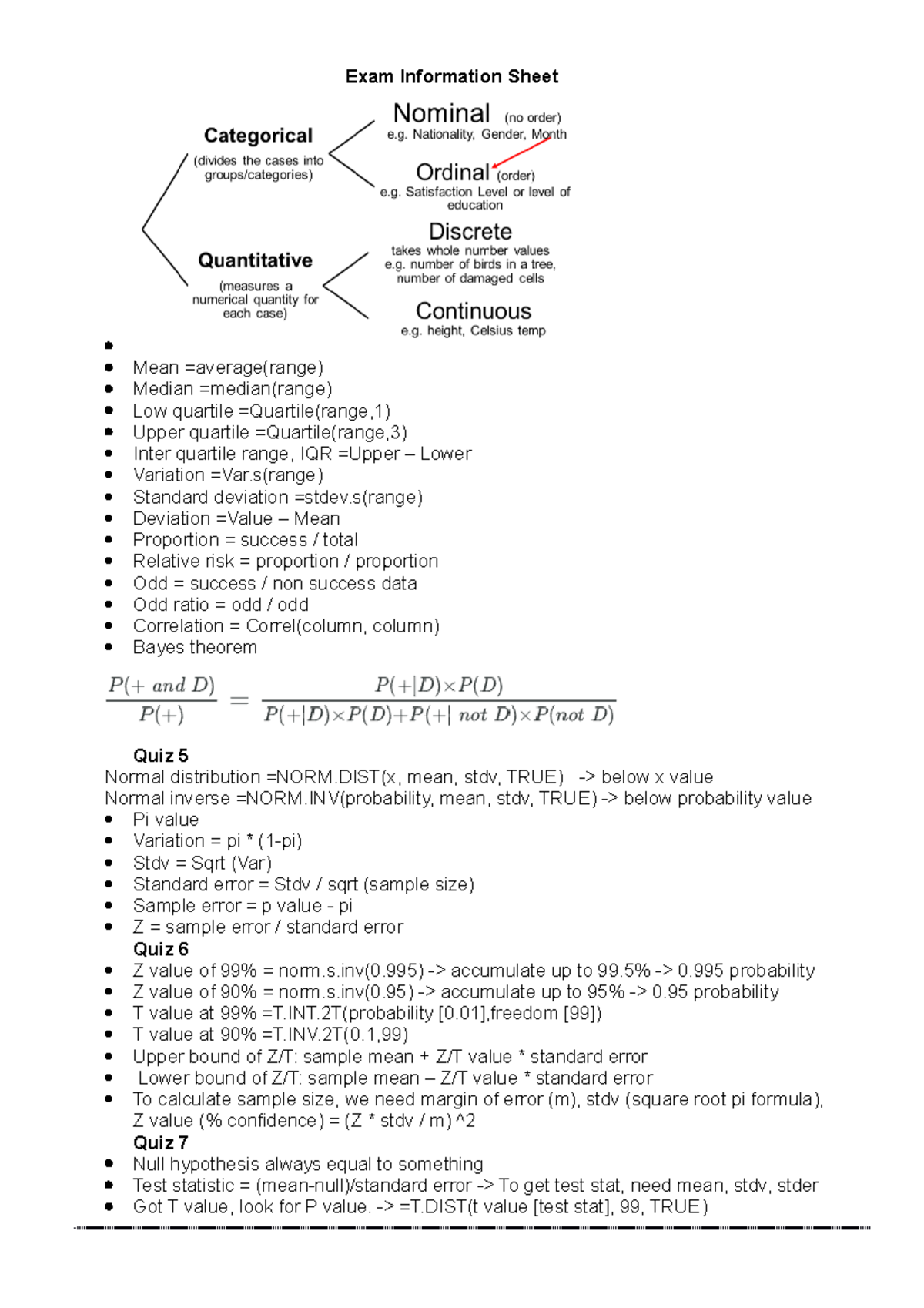 Formula sheet - Exam Information Sheet Mean =average(range) Median ...