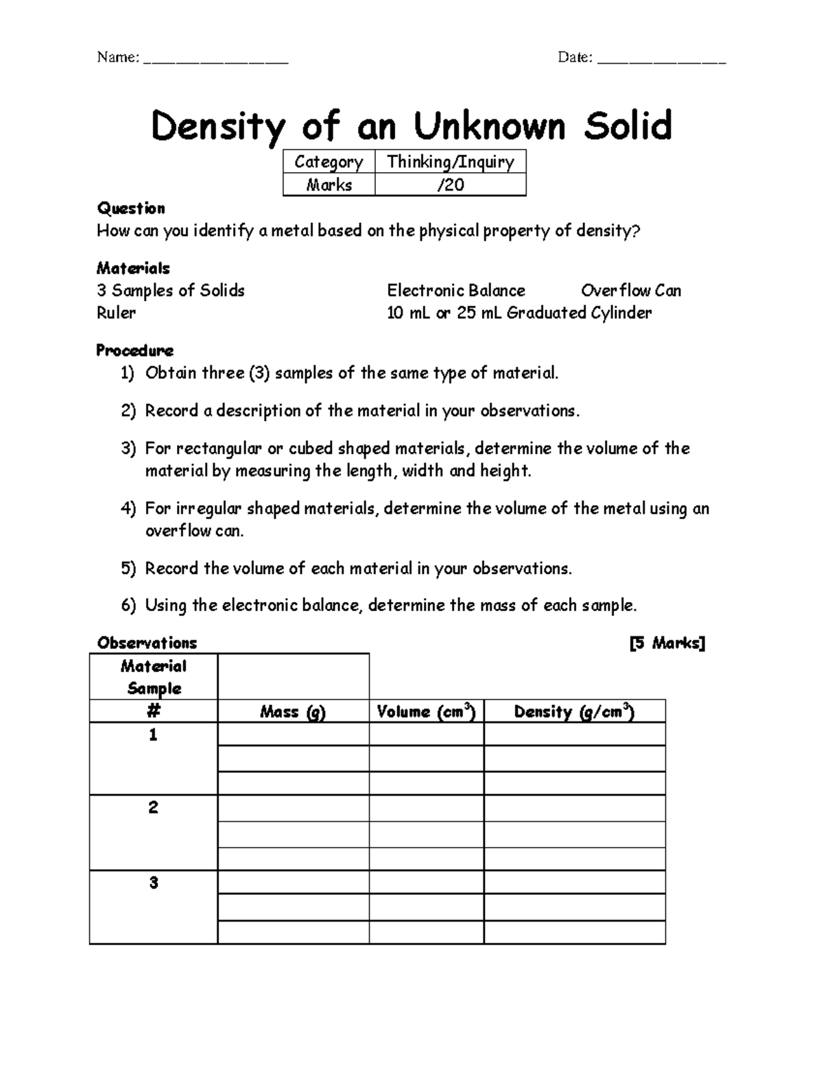 AP Density of an Unknown Solid revised - Name: __________________ Date ...