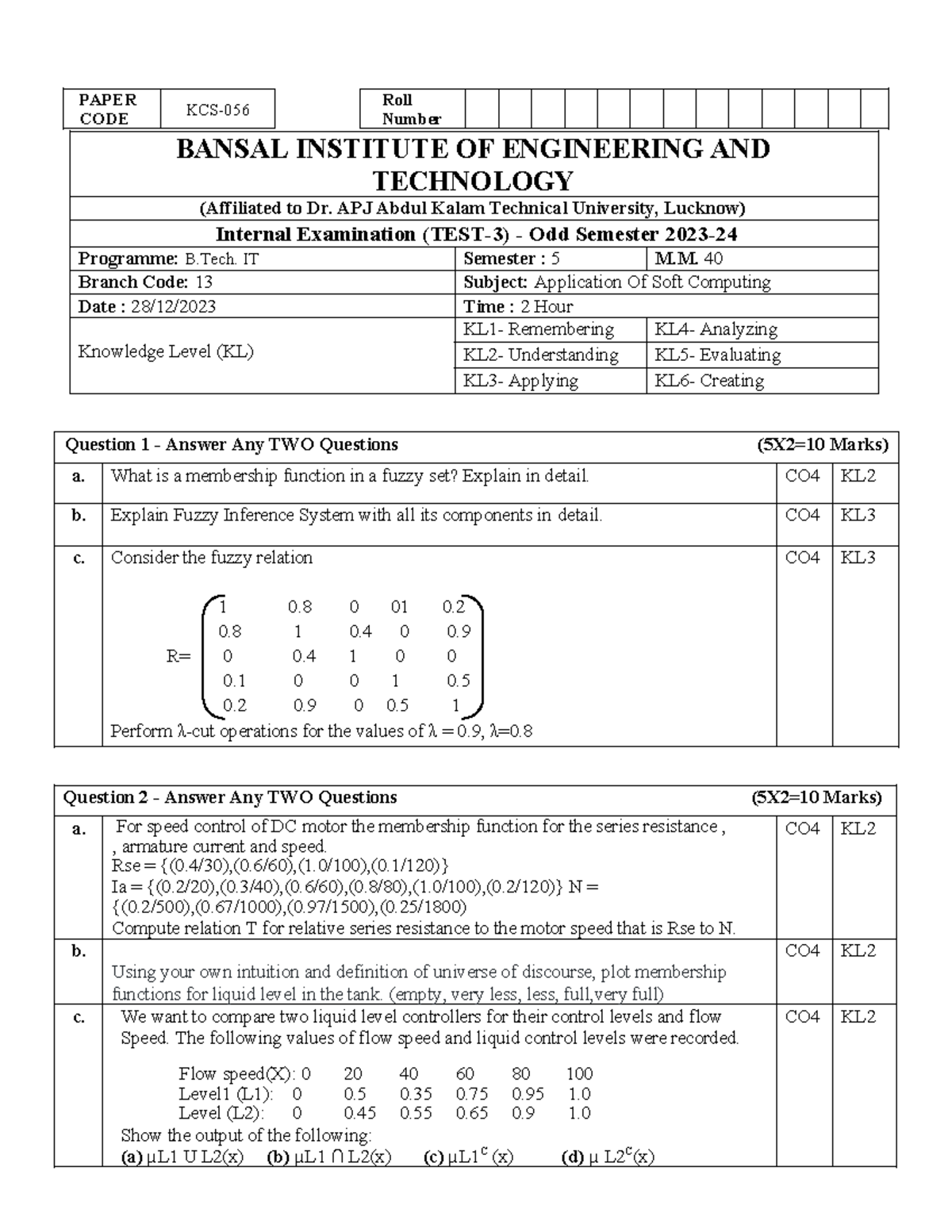 ASC TEST 3 Paper - PAPER CODE KCS- Roll Number BANSAL INSTITUTE OF ...