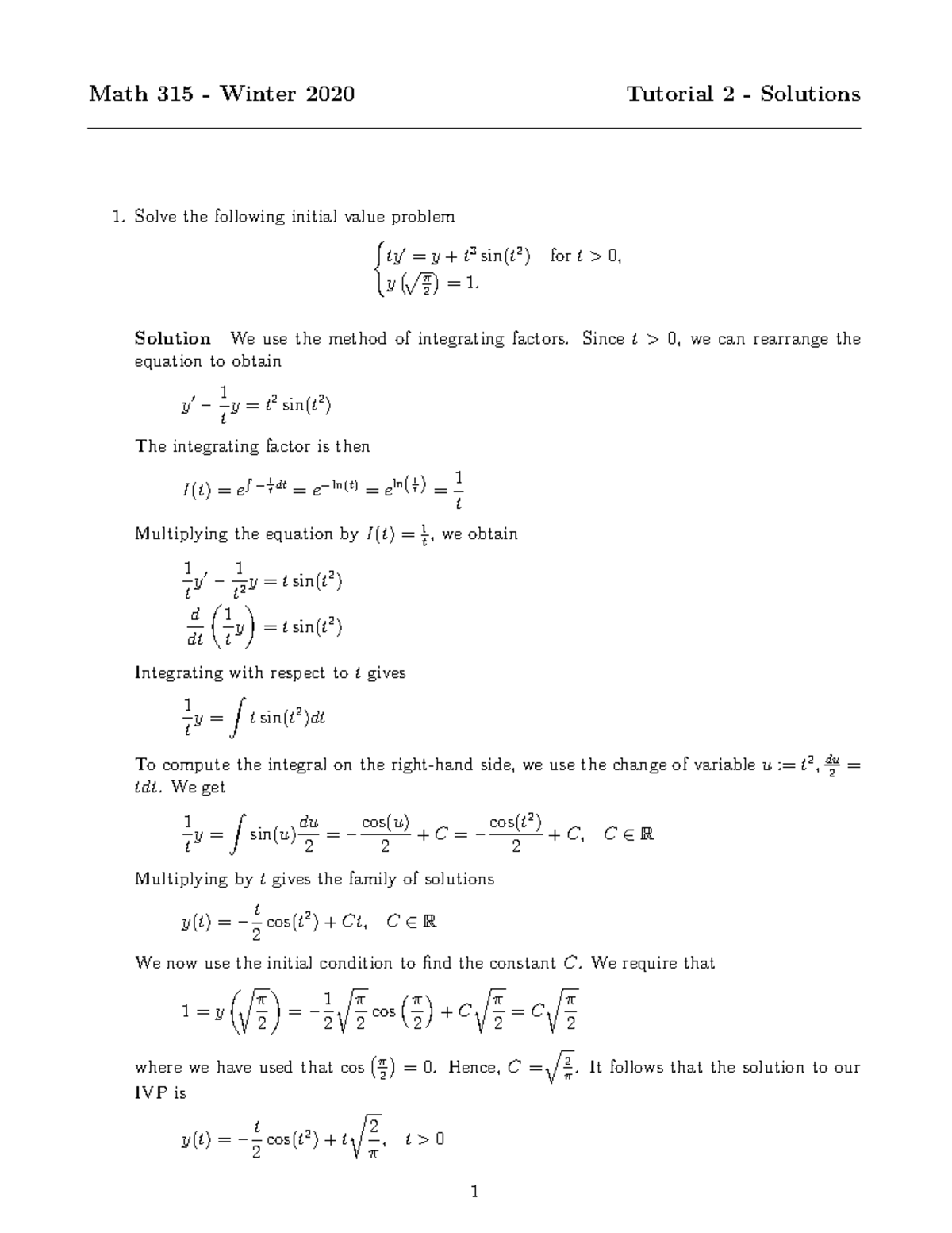 Tutorial 2 - solutions - Math 315 - Math 315 - Winter 2020 Tutorial 2 ...