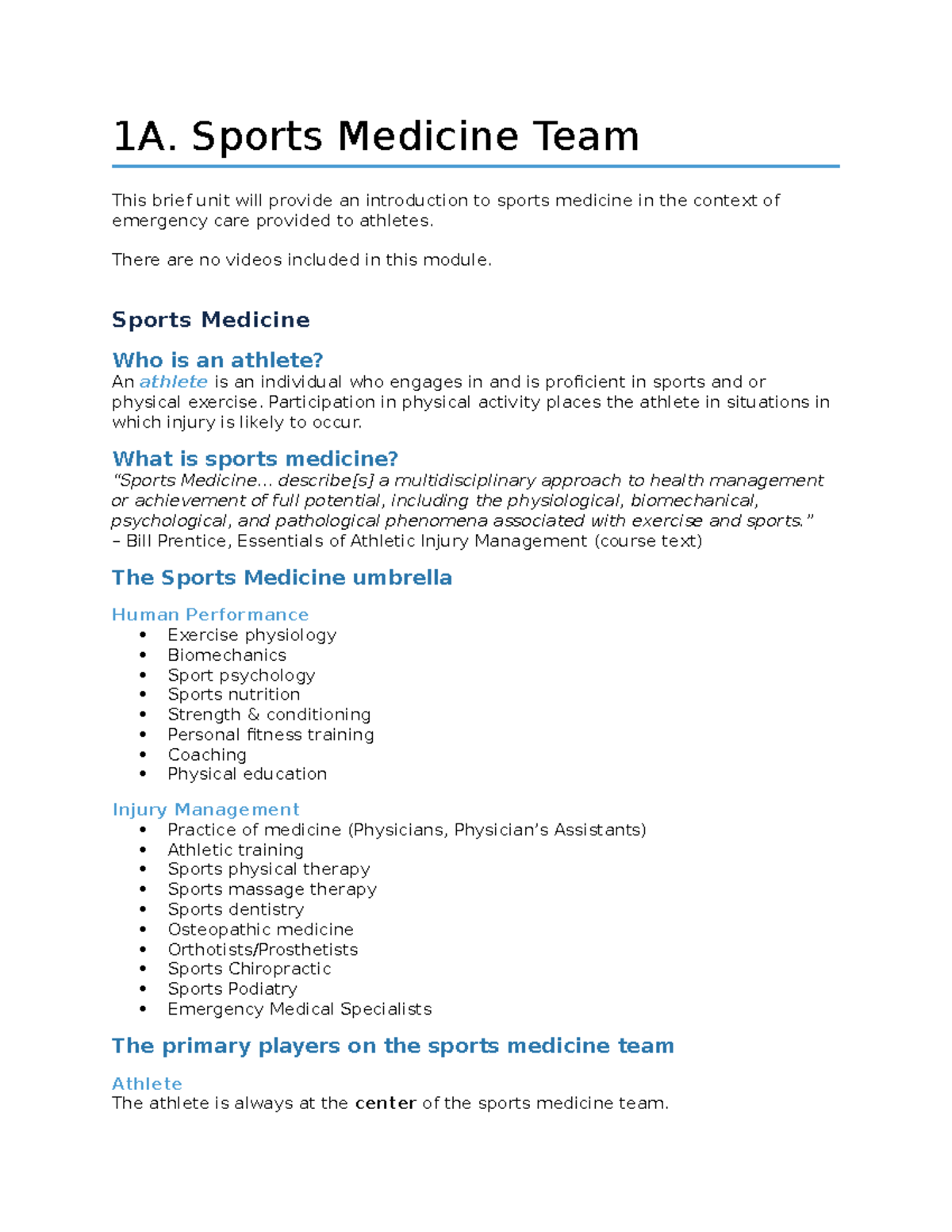 1A+-+Sports+Medicine+Team - 1A. Sports Medicine Team This brief unit ...