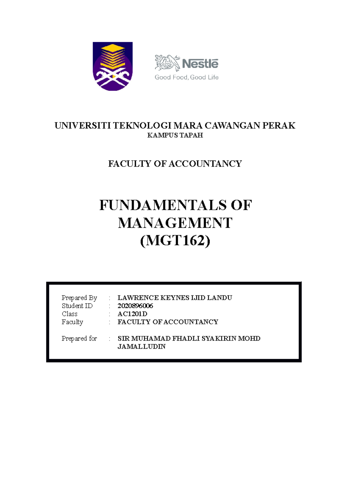 Mgt assignment - mgt - UNIVERSITI TEKNOLOGI MARA CAWANGAN PERAK KAMPUS ...