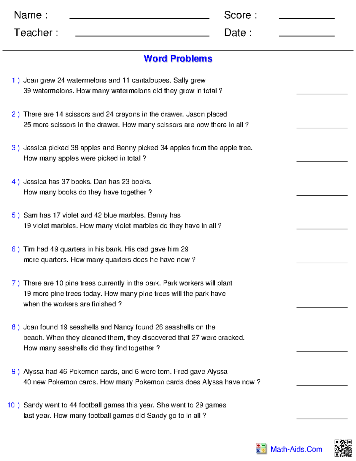 Word add 2digit 2addend - Name : Teacher : Date : Score : Math-Aids ...