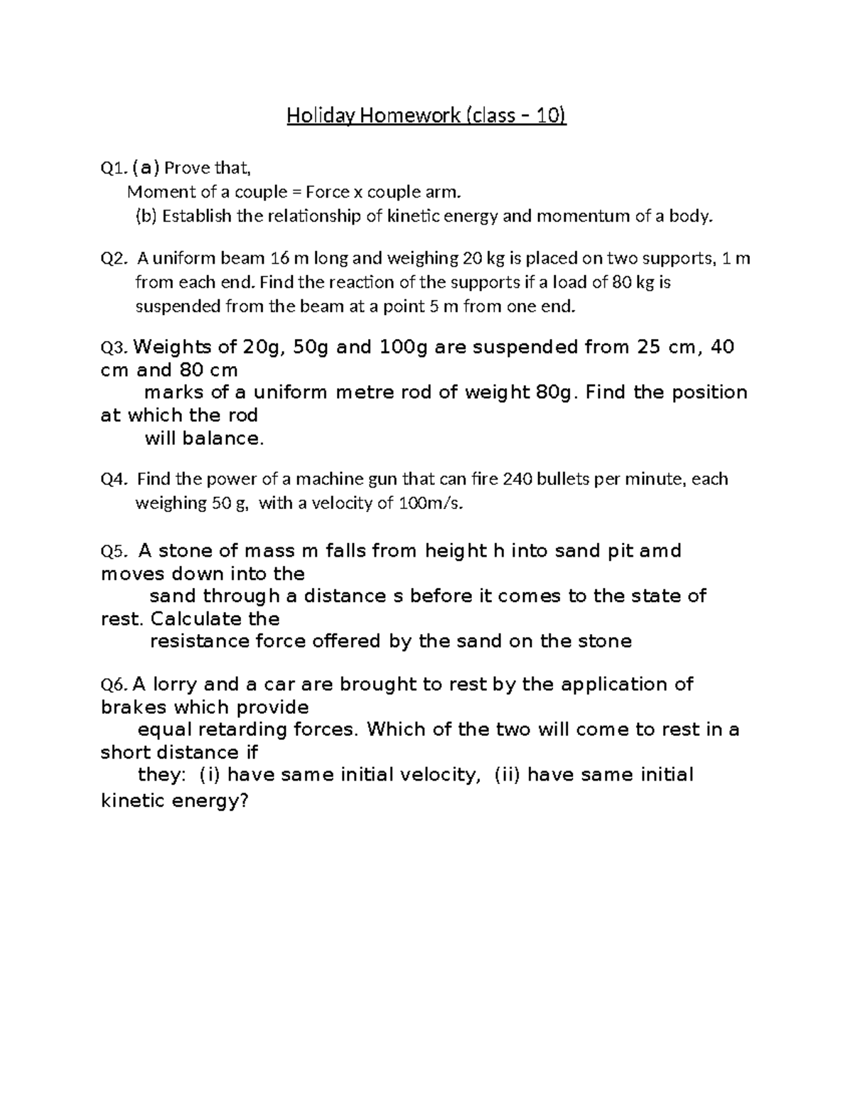 Holiday Homework Class 10 (2024-'25) - Holiday Homework (class – 10) Q1 ...