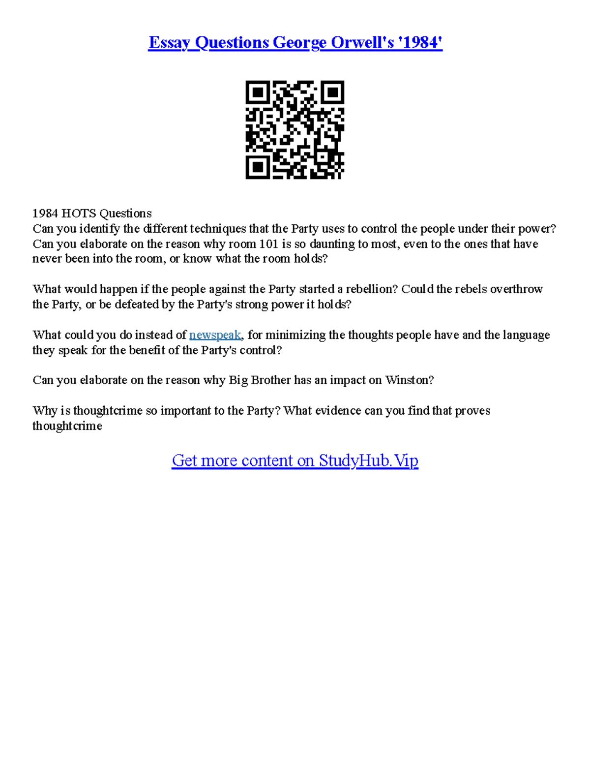 Essay Topics For 1984 - Essay Questions George Orwell's '1984' 1984 ...