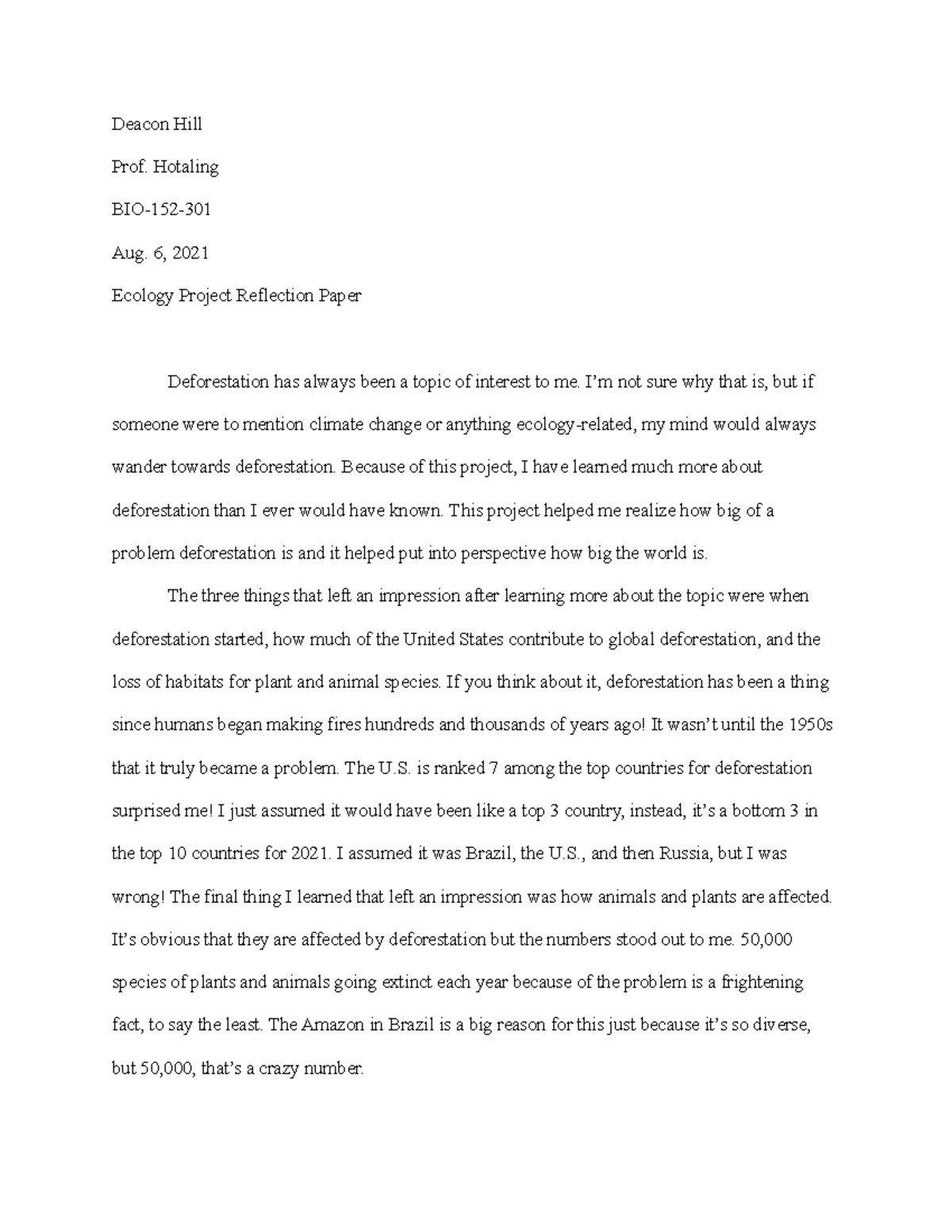 BIO152-Ecology Reflection Paper - Deacon Hill Prof. Hotaling BIO-152 ...
