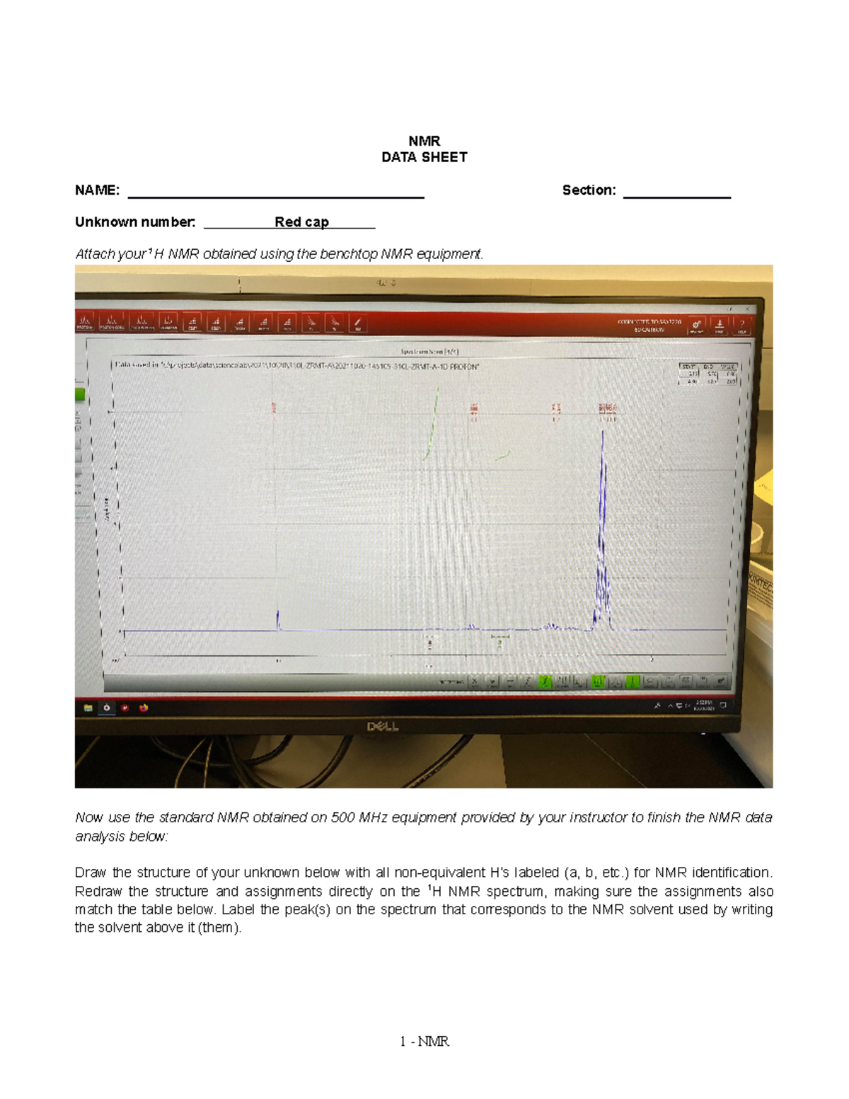 310 07 211nmr data sheet postlab - NMR DATA SHEET NAME: Section ...