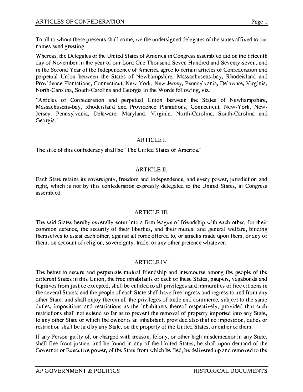 APG Historical Document Articles of Confederation - To all to whom ...
