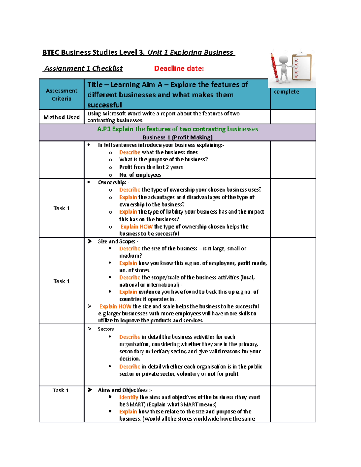 Unit 1 Aim A and B Checklist - BTEC Business Studies Level 3, Unit 1 Exploring Business ...