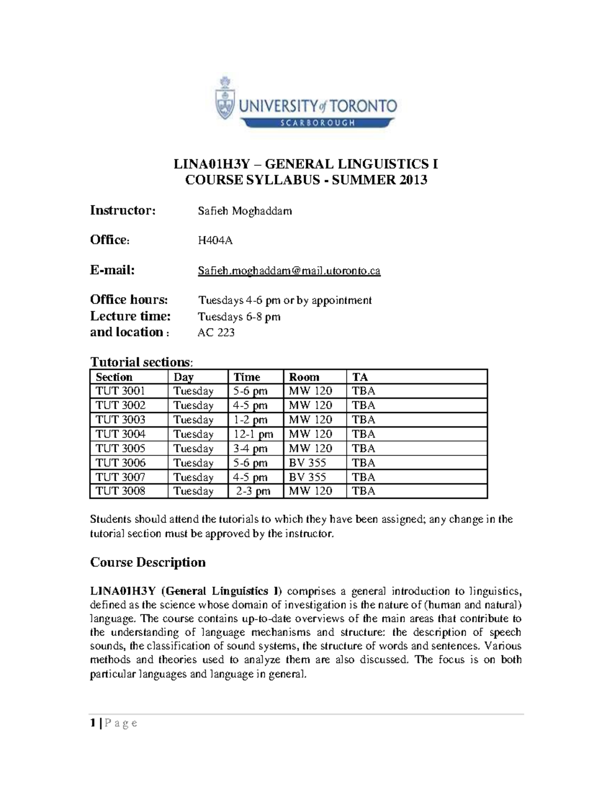 LINA01 H3Y Summer 2013 UTSC - LINA01H3Y – GENERAL LINGUISTICS I COURSE ...