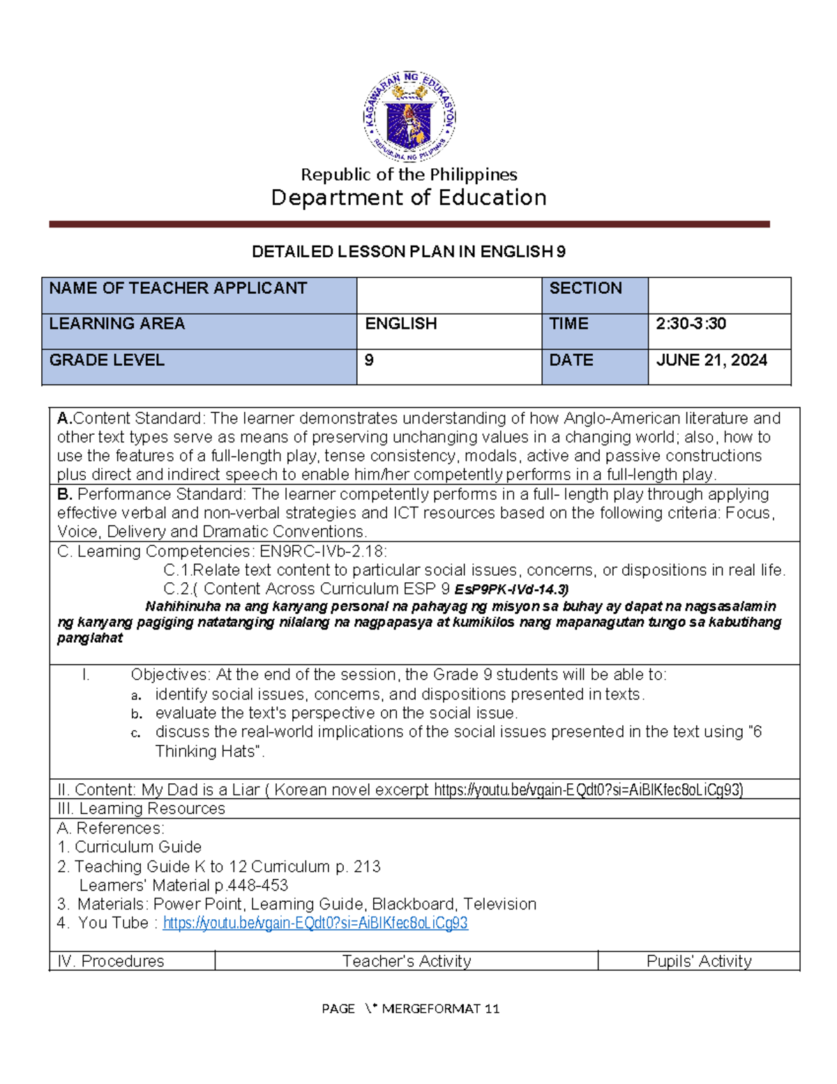 Detailed Lesson PLAN FOR Deped Ranking - Copy - Republic of the ...