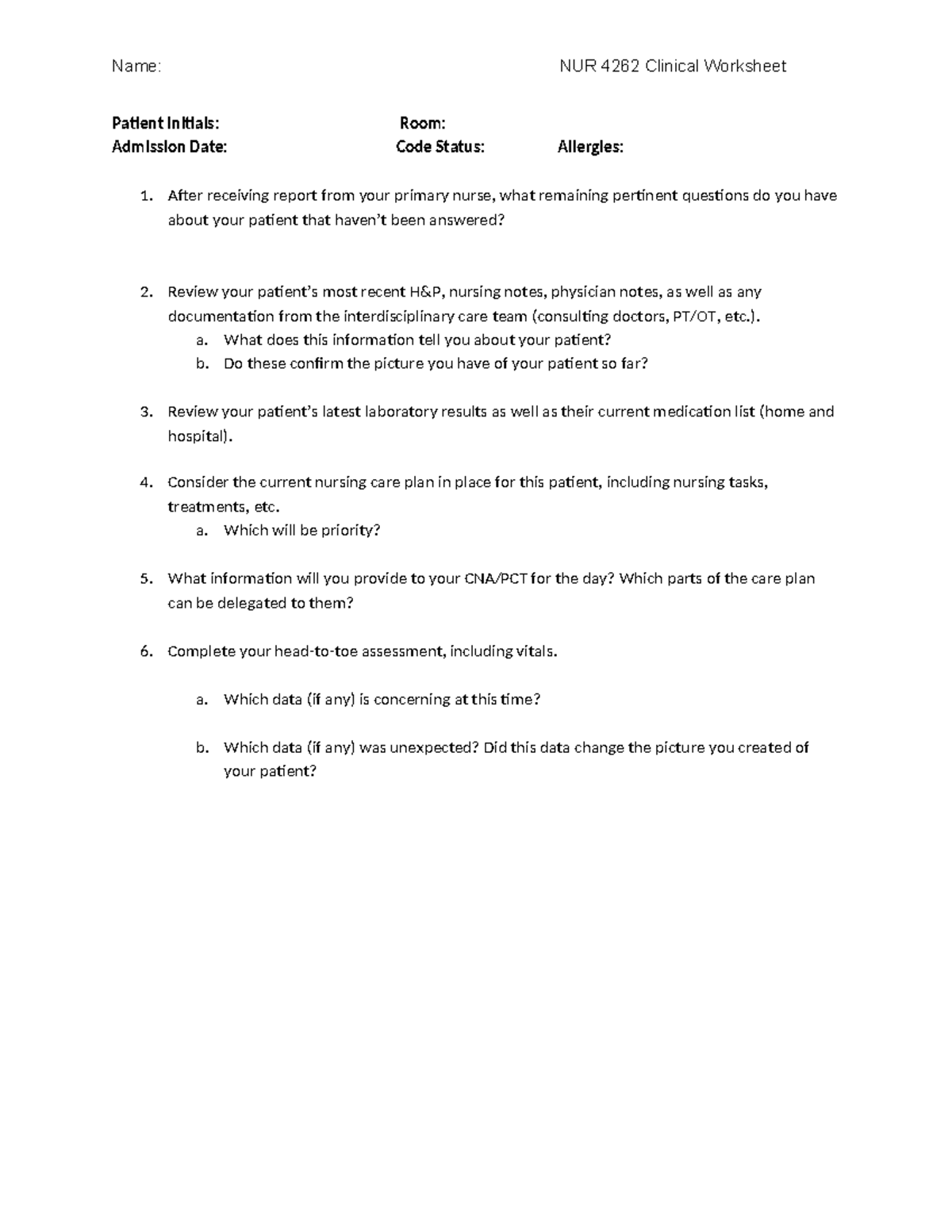 NUR 4262 Clinical Worksheet - Patient Initials: Room: Admission Date ...