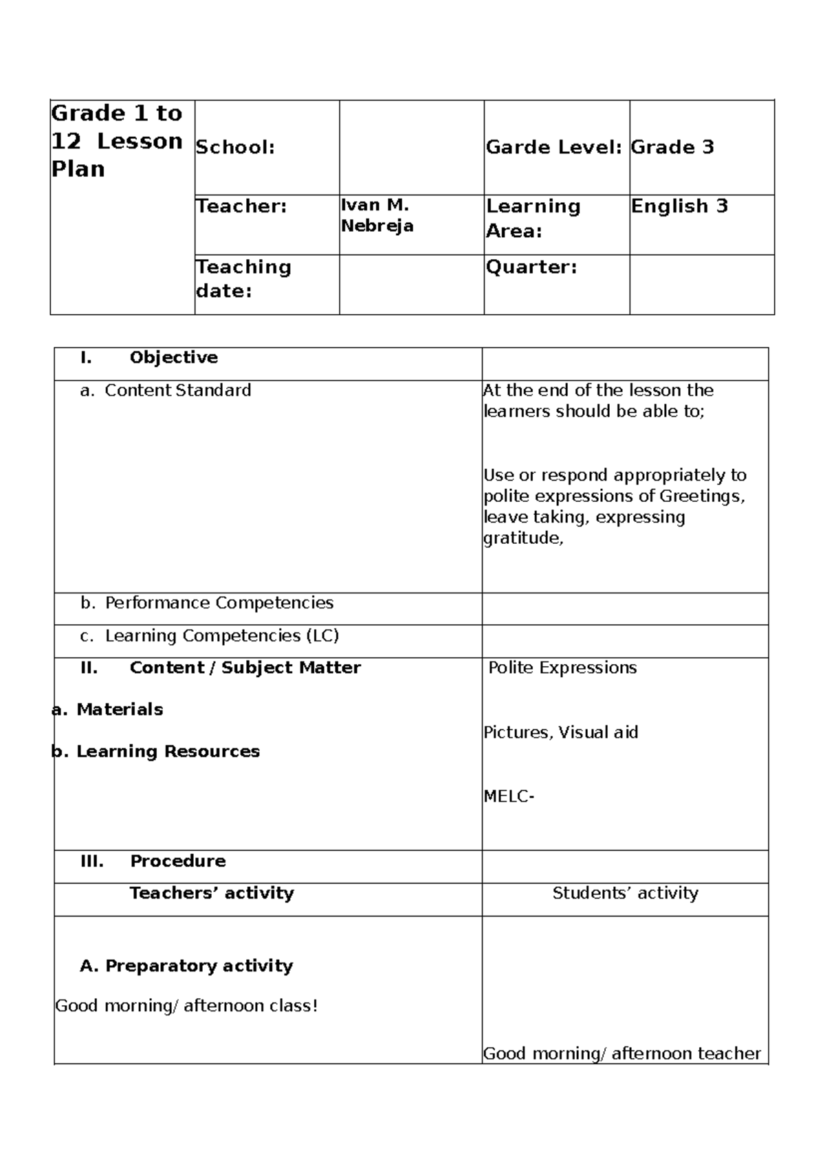 English-LP - lesson plan - Grade 1 to 12 Lesson Plan ####### School ...