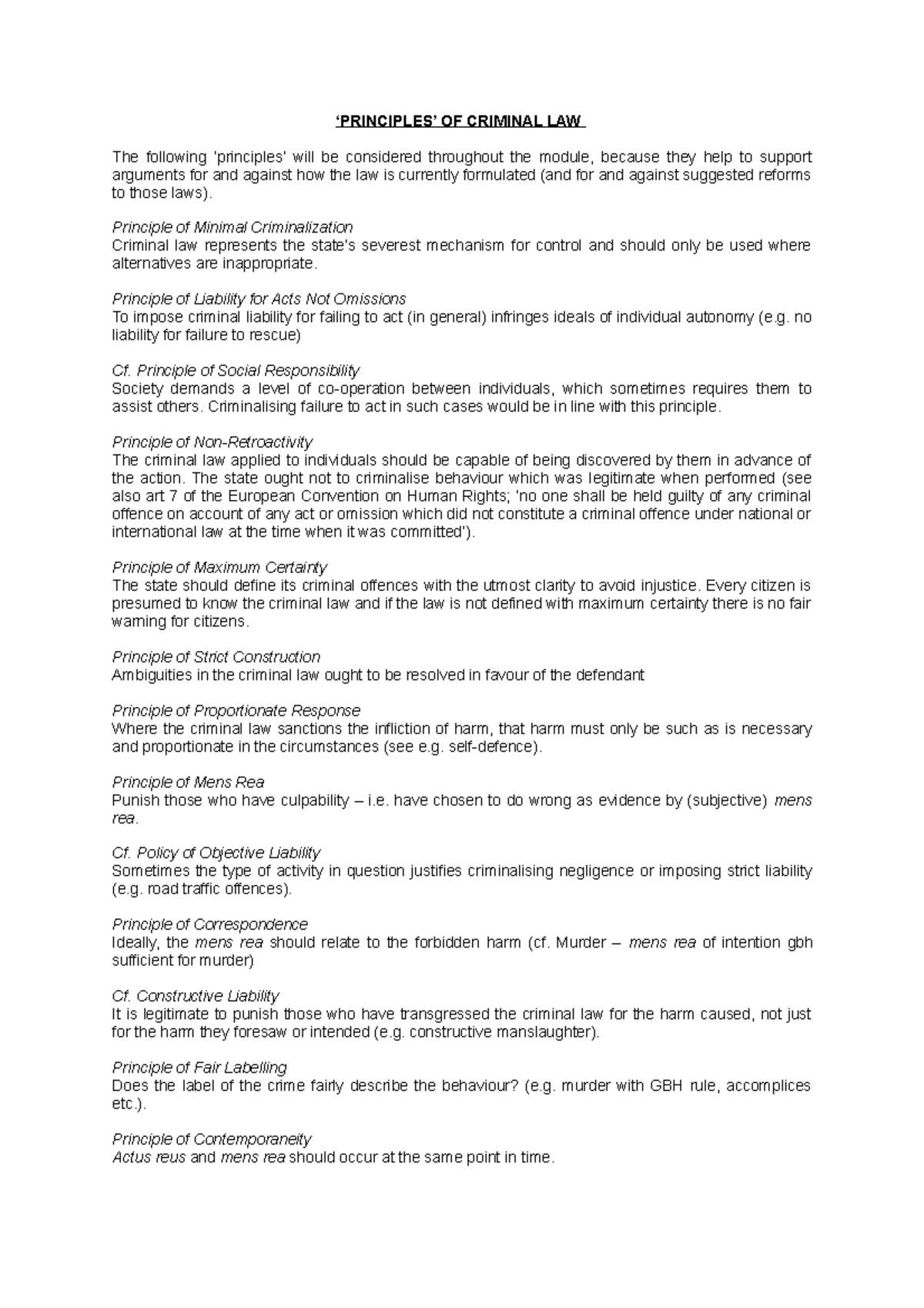 Principles of Criminal Law - ‘PRINCIPLES’ OF CRIMINAL LAW The following ...