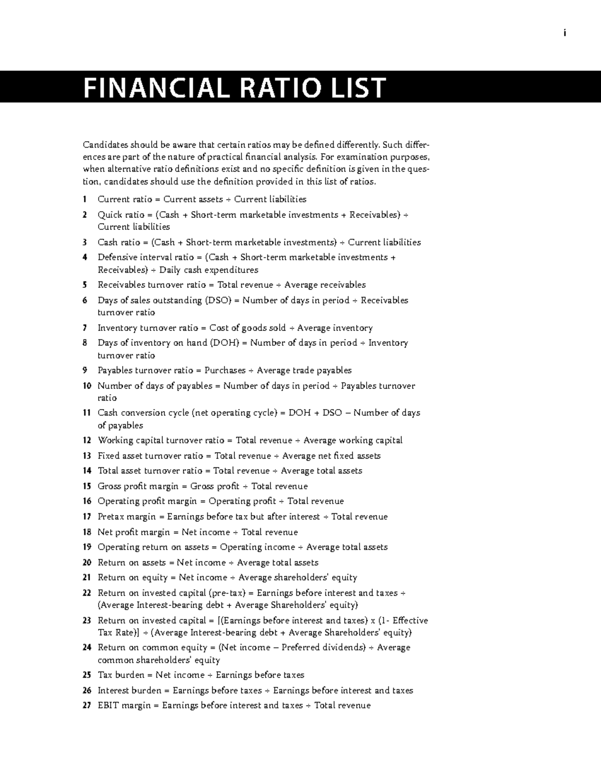 Cfa program level ii financial ratio list - FINANCIAL RATIO LIST i ...