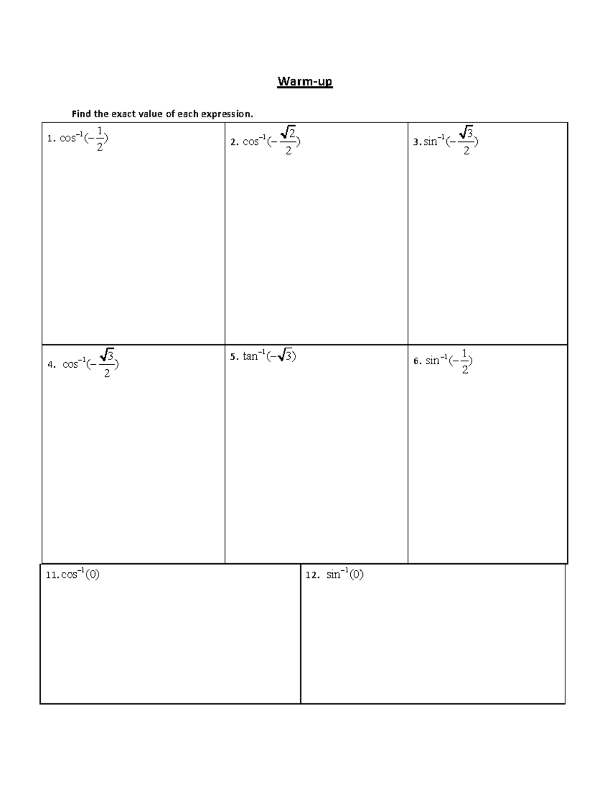 Day 17 Inverse Trig Day 2 Packet - Warm-up Find the exact value of each ...