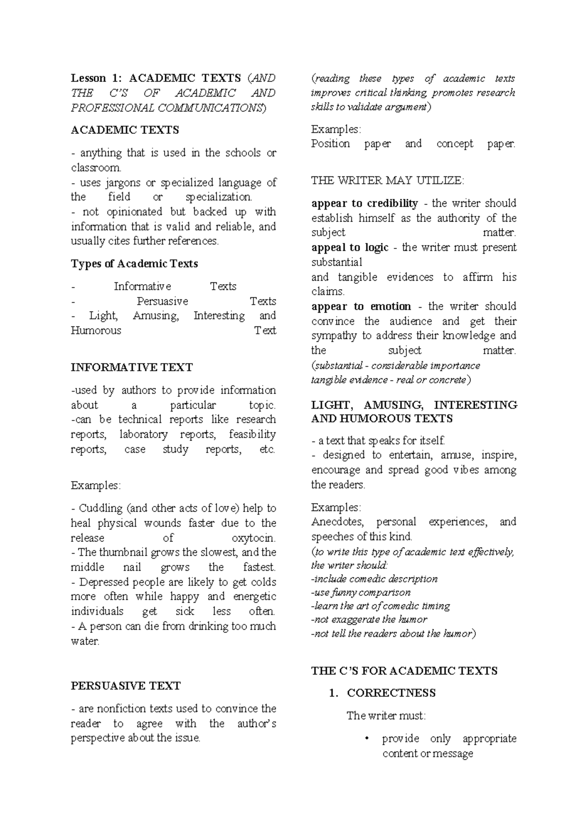 Lesson 1 EAAP Reviewer - Lesson 1: ACADEMIC TEXTS (AND THE C’S OF ...