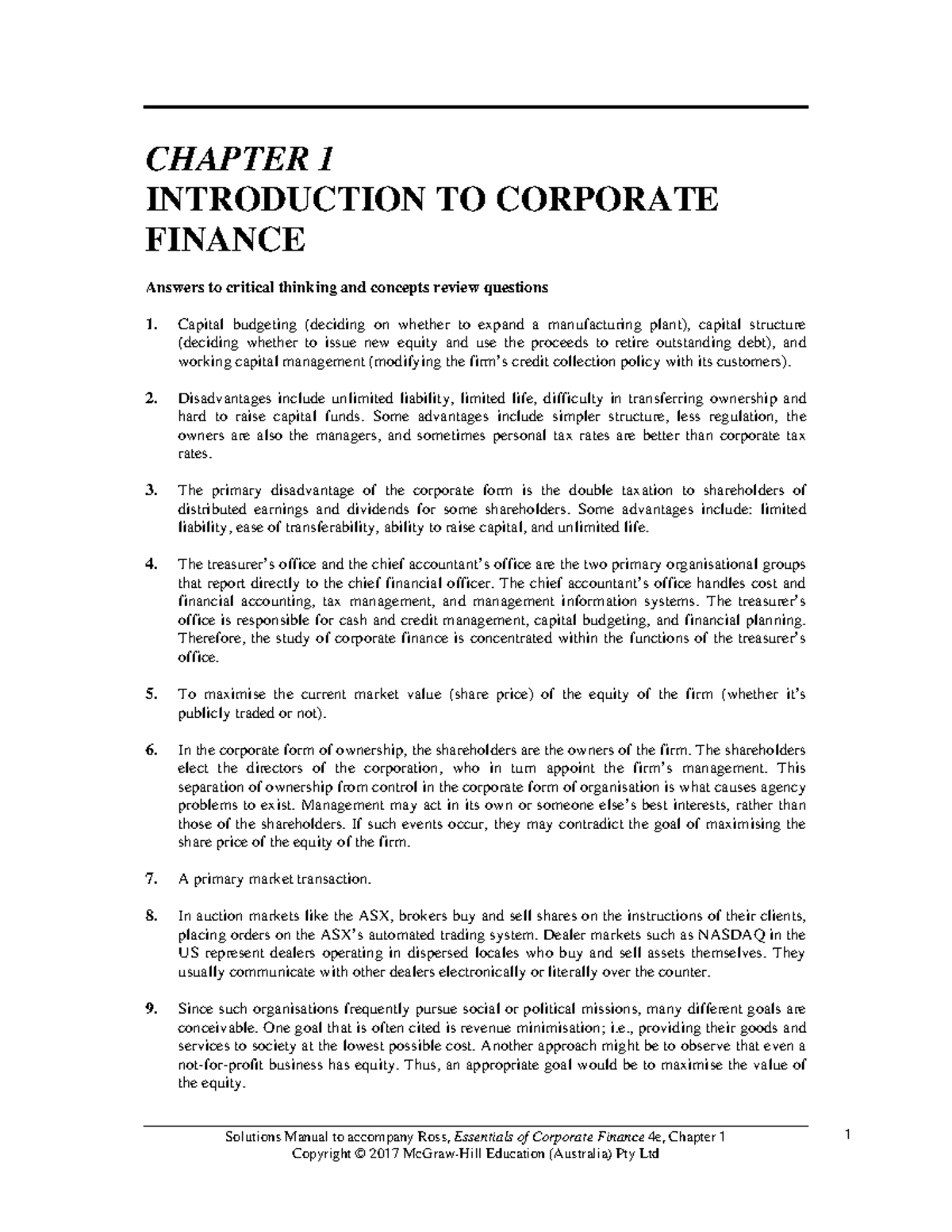 Ross4e IRM Ch01 full - Tutorial answers - Solutions Manual to accompany Ross, Essentials of ...