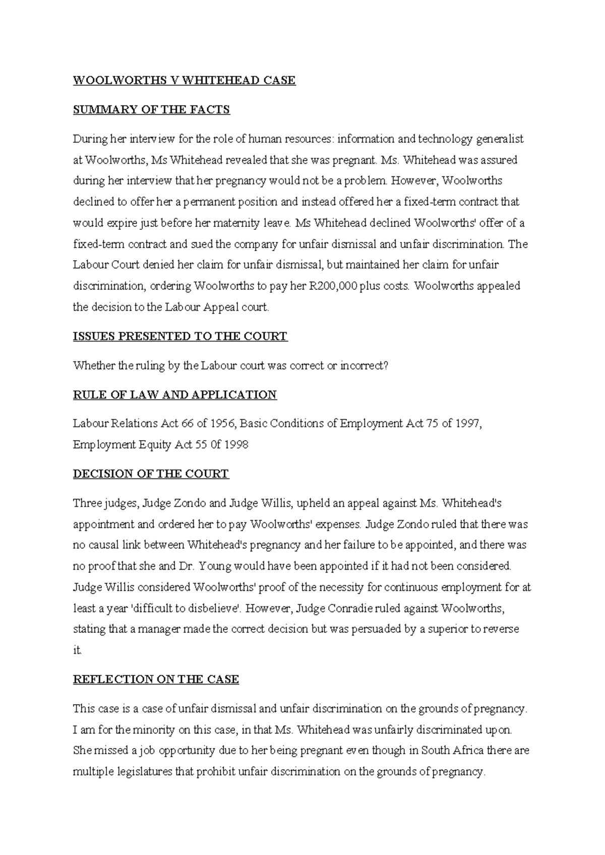 Woolworths V Whitehead CASE Summation - WOOLWORTHS V WHITEHEAD CASE ...