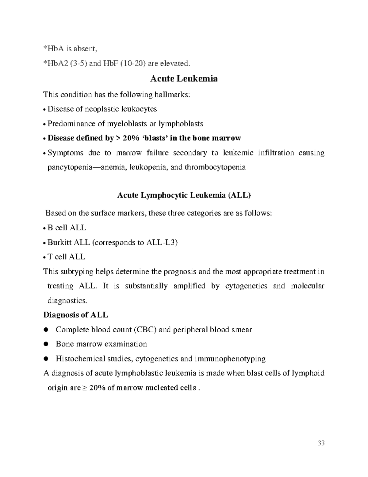 Acute Leukemia - Clinical Pathology course - *HbA is absent, *HbA2 (3-5 ...