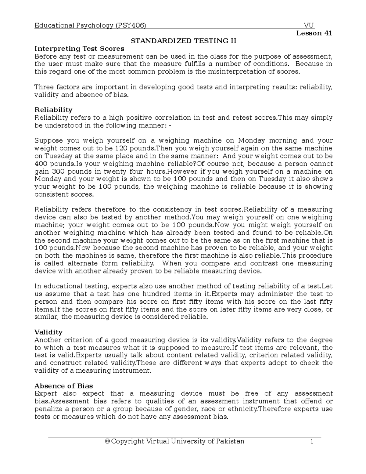PSY406 Marked Handout 5 - Lesson 41 STANDARDIZED TESTING II ...