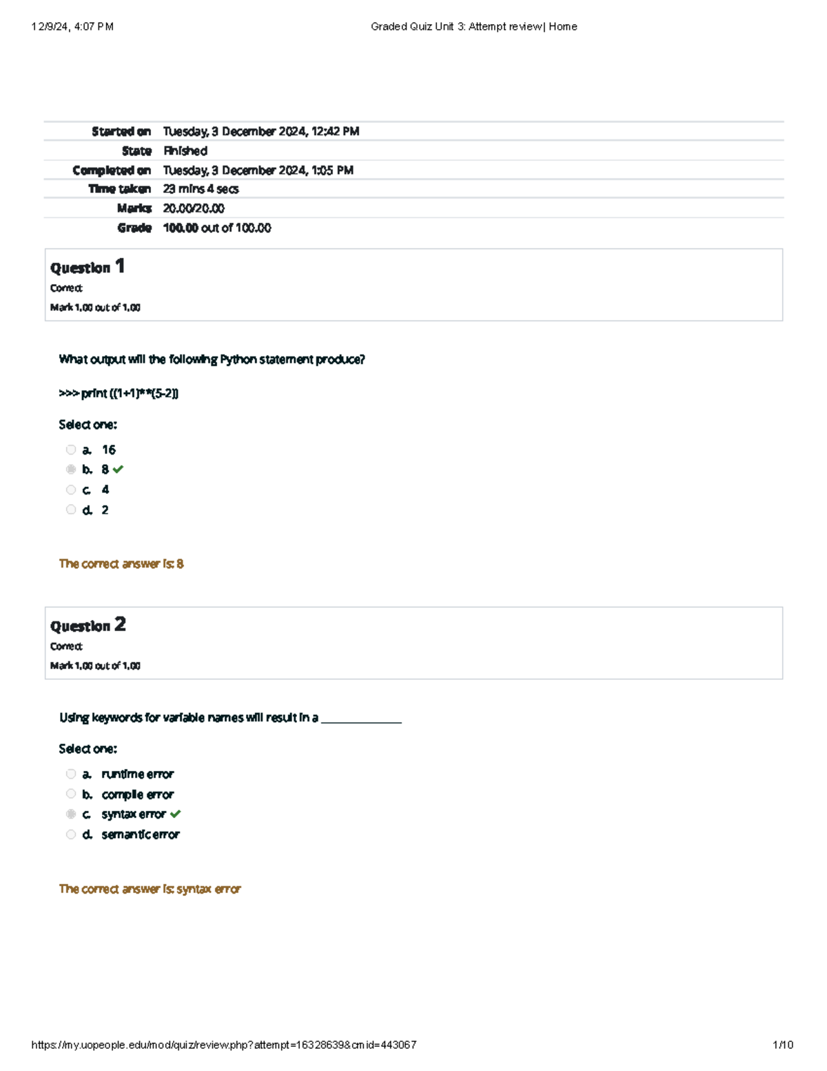 CS1101 Graded Quiz Unit 3 Attempt review Home - Started on Tuesday, 3 December 2024, 12:42 PM ...