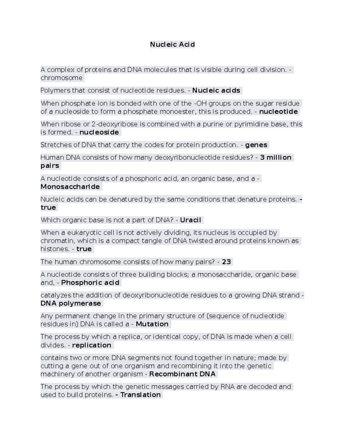 Mid-Nucleic-Acid - notes - Nucleic Acid A complex of proteins and DNA ...