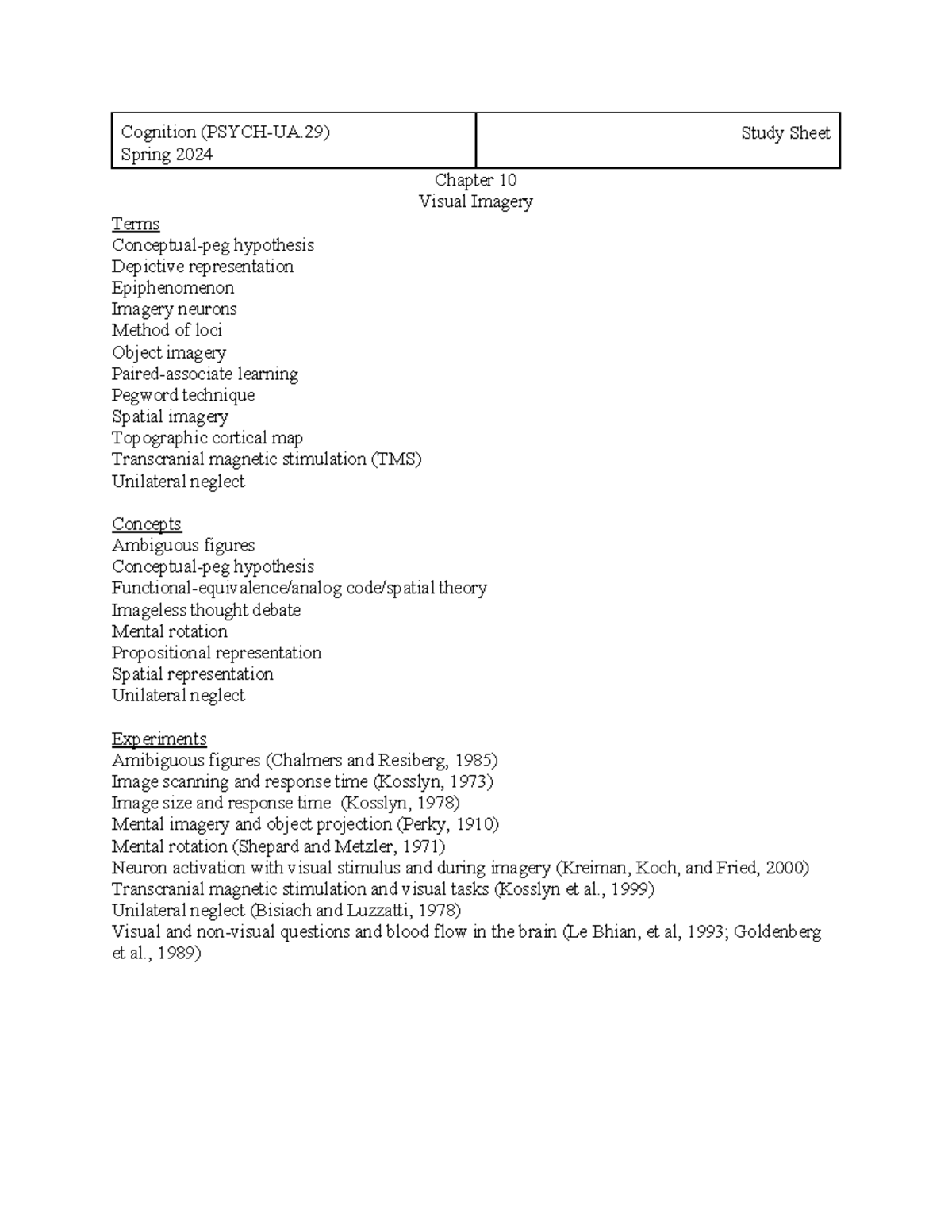 Study sheet - ch 10 visual imagery s24 - Cognition (PSYCH-UA) Spring ...