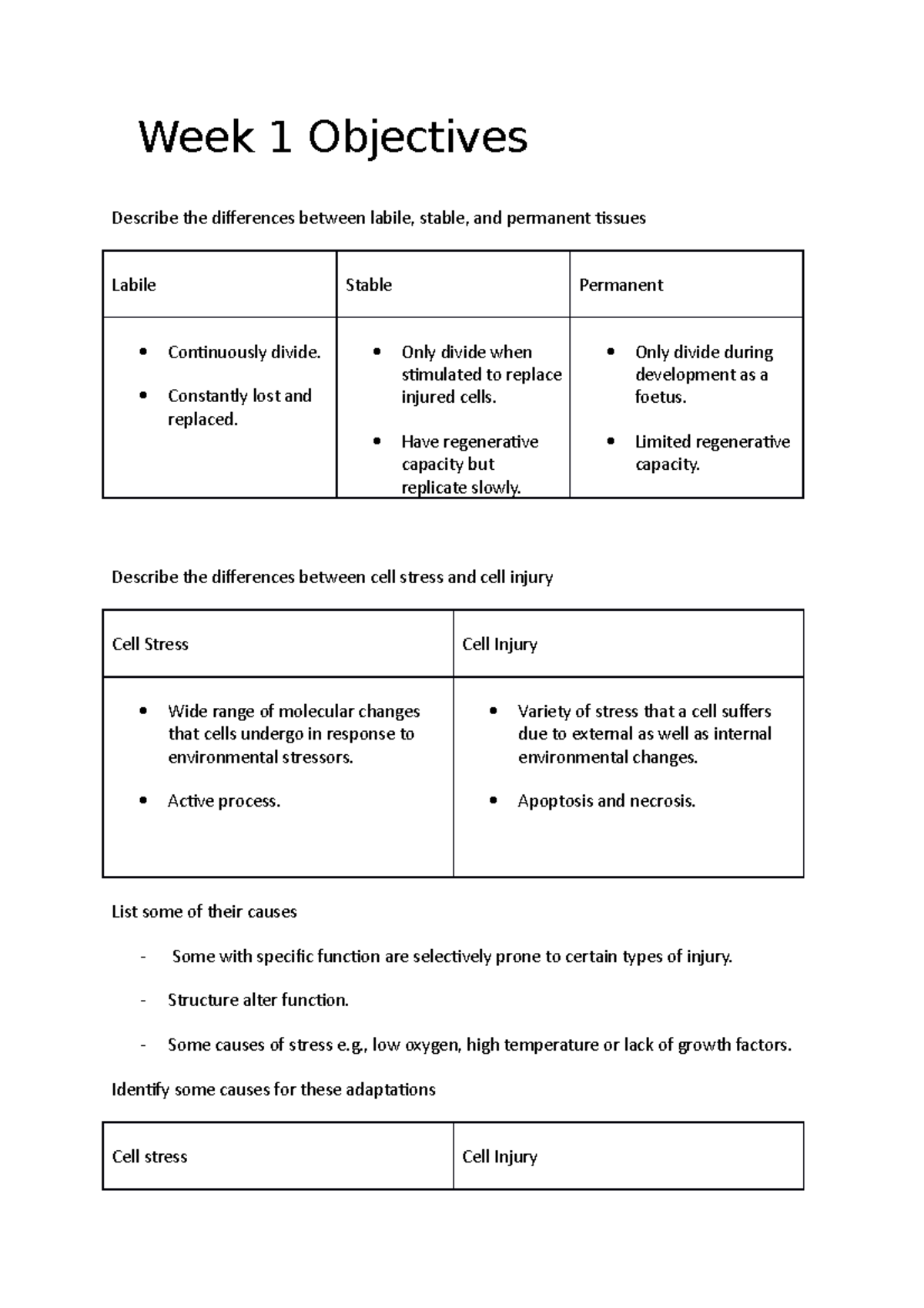 Week 1 Objectives Summary Pathophysiology for Health Professionals ...