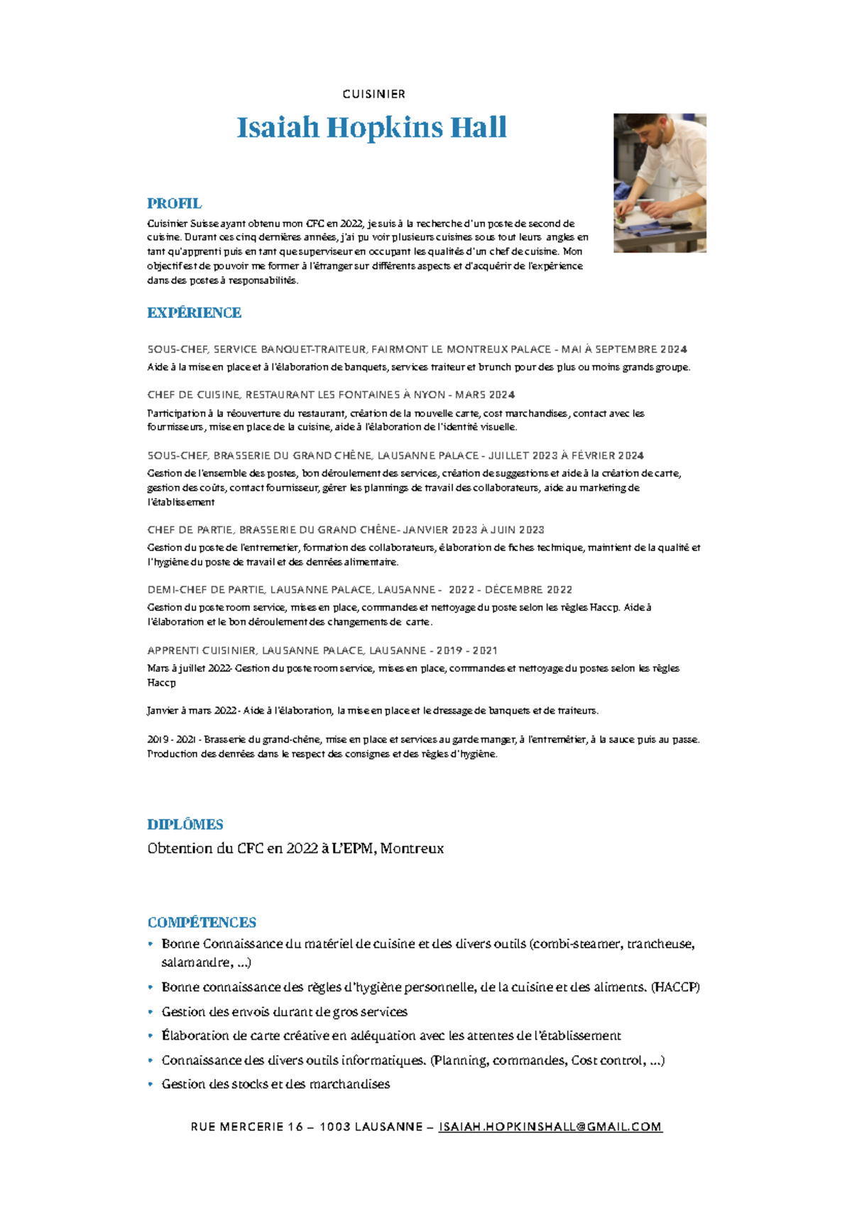 CV Isaiah Hopkins - Cv exemple - CUISINIER Isaiah Hopkins Hall PROFIL Cuisinier Suisse ayant ...