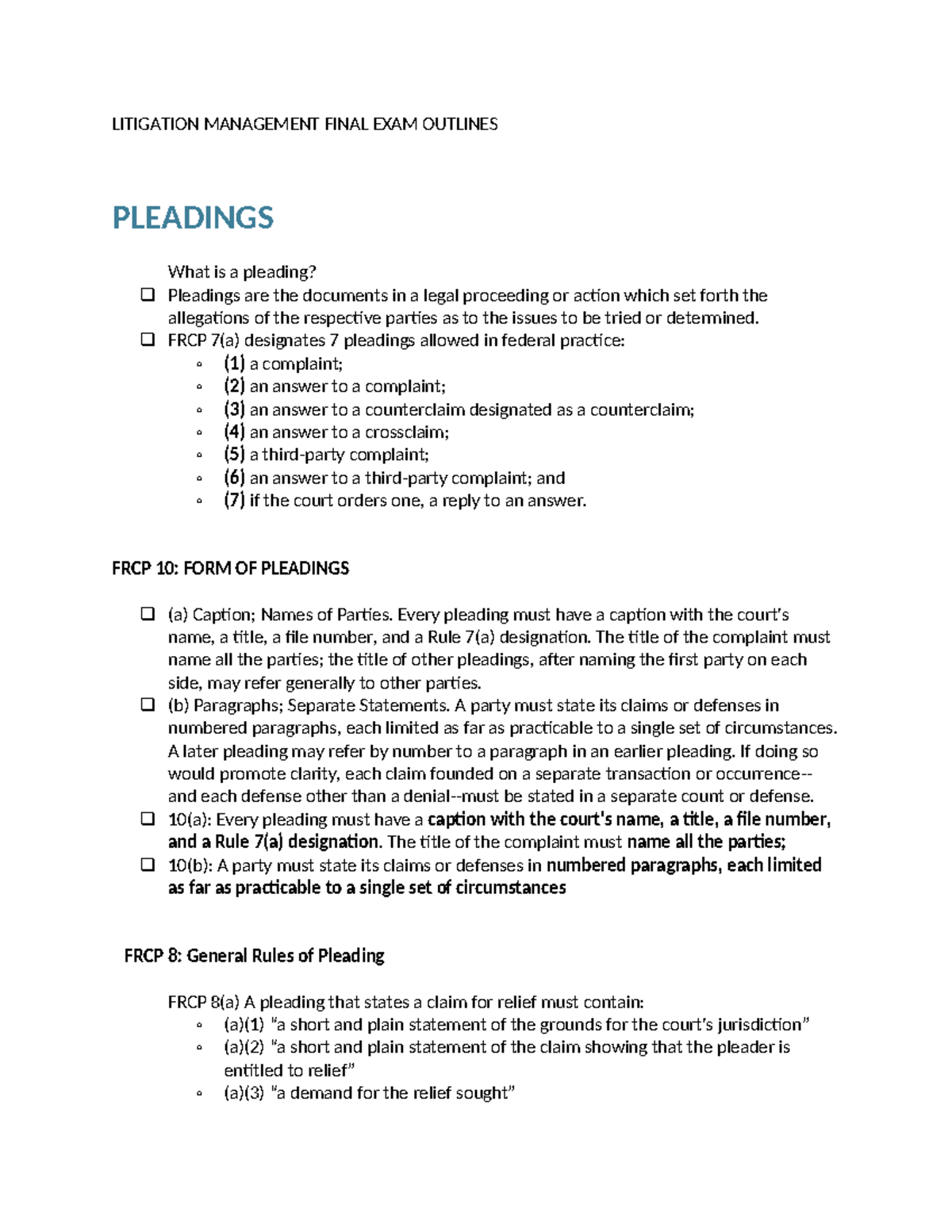 Litigation Management Final EXAM Outlines - LITIGATION MANAGEMENT FINAL ...