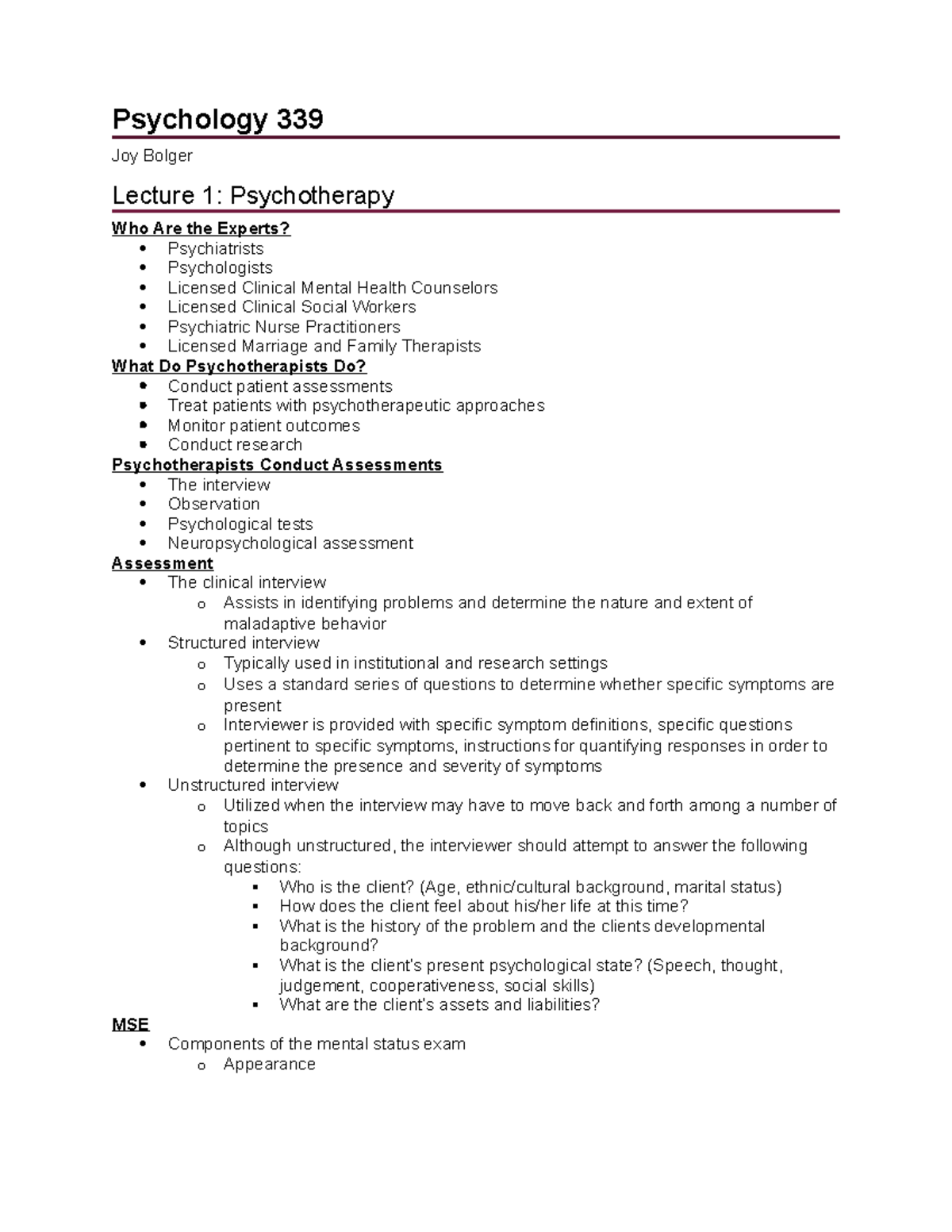 Lecture 1 - Psychology 339 Joy Bolger Lecture 1: Psychotherapy Who Are ...