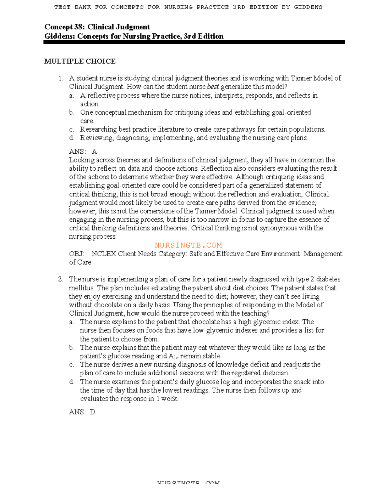 Concept 38 - Giddens TB - Concept 38: Clinical Judgment Giddens ...