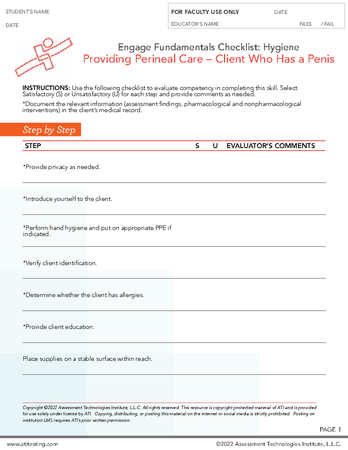 Skills checklist - male peri-care - atitesting ©2022 Assessment ...