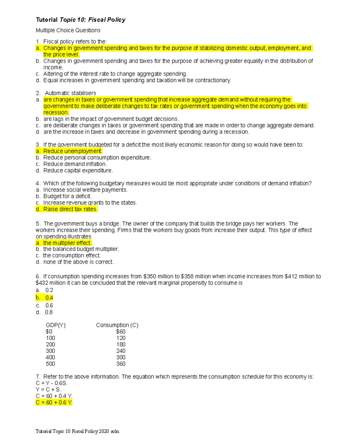Tutorial Topic 10 fiscal policy 2020 soln-1 - Tutorial Topic 10: Fiscal ...