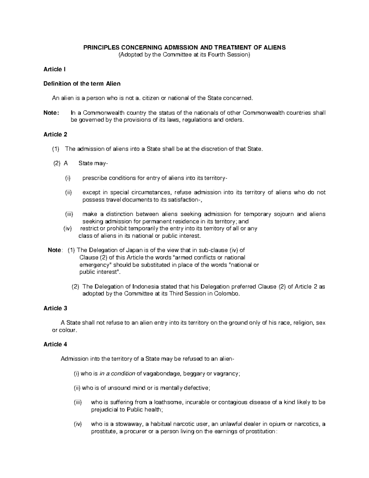 Principles Concerning Admission AND Treatment OF Aliens - PRINCIPLES ...