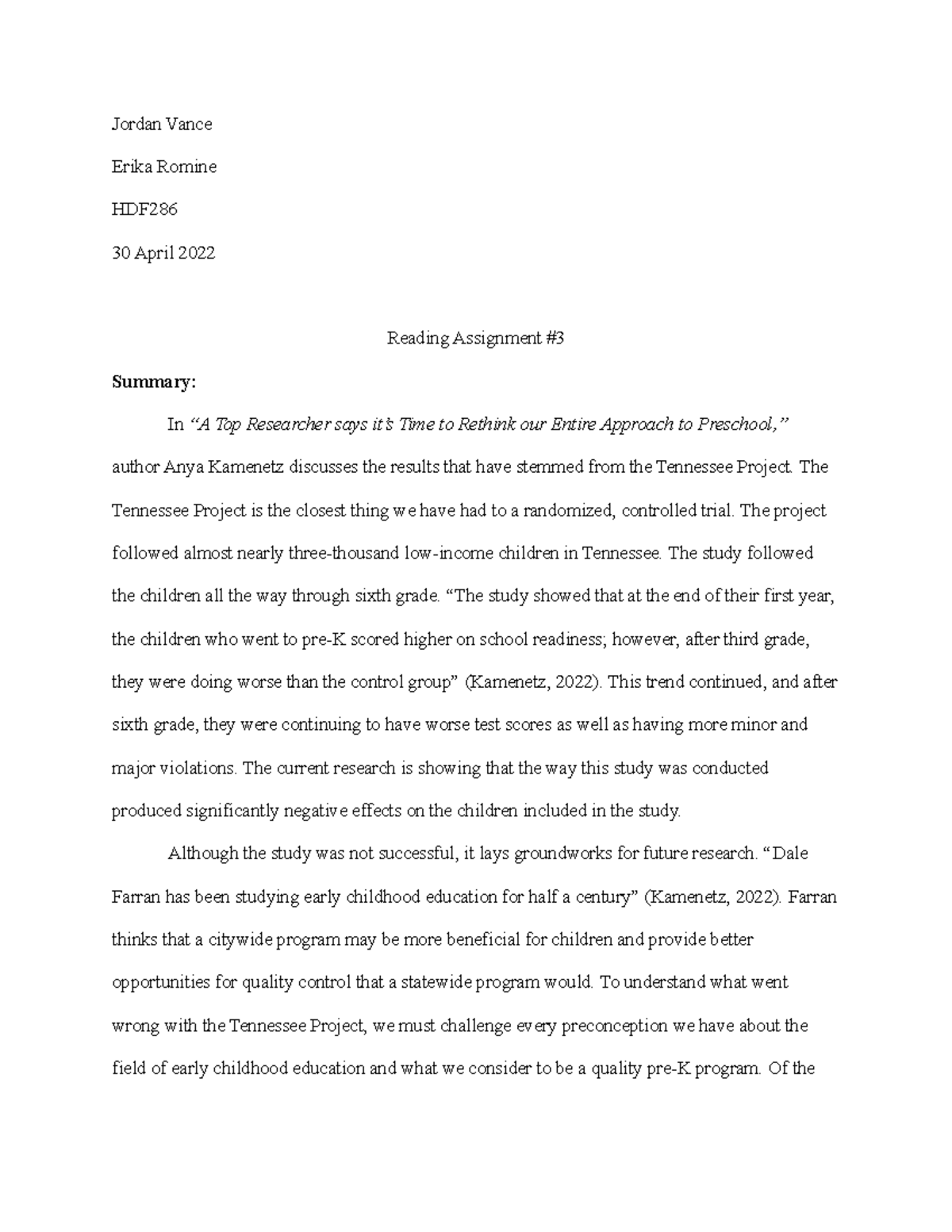 HDF286 Reading Assignment #3 Jordan Vance 05 01 2022 - Jordan Vance ...