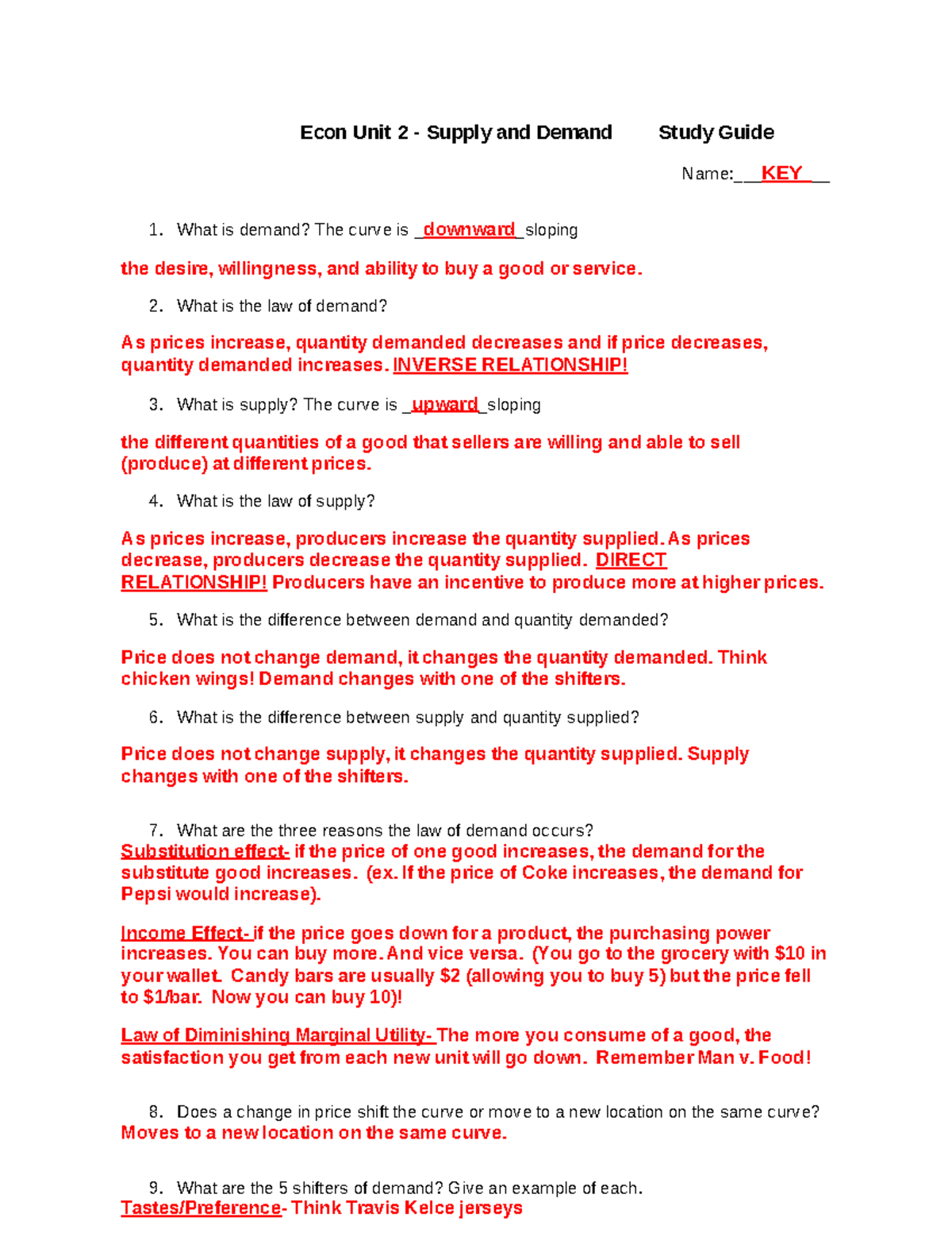 Unite 2 study guide - Econ Unit 2 - Supply and Demand Study Guide Name ...