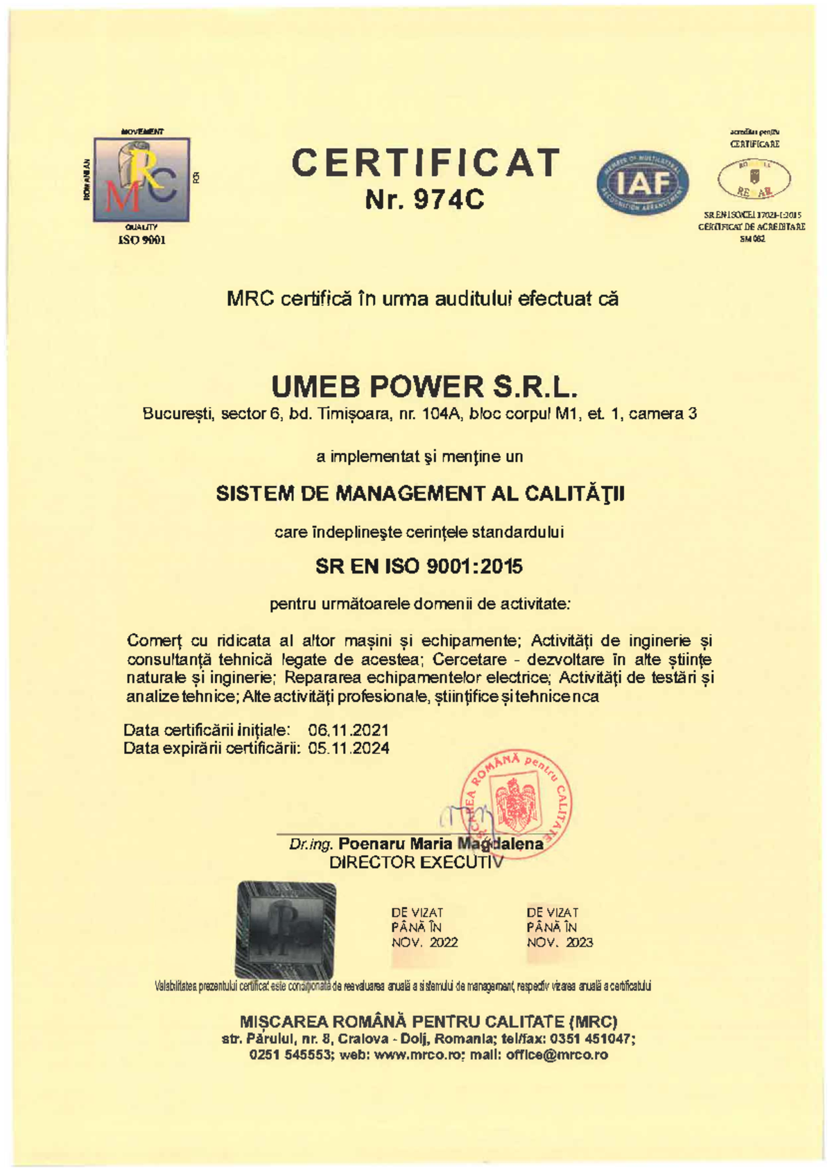 UMEB Power ISO 9001 - electrice - z i MOVEMENT ķı琀愀i 영匀 CERT䤀䘀ICARE CERTIFICAT 0 ㄀㈀ Nr. 974C SR ...