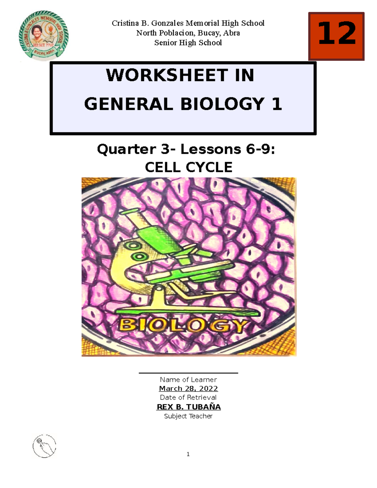 Worksheet IN GEN BIO 1 mitosis edited - Cristina B. Gonzales Memorial ...