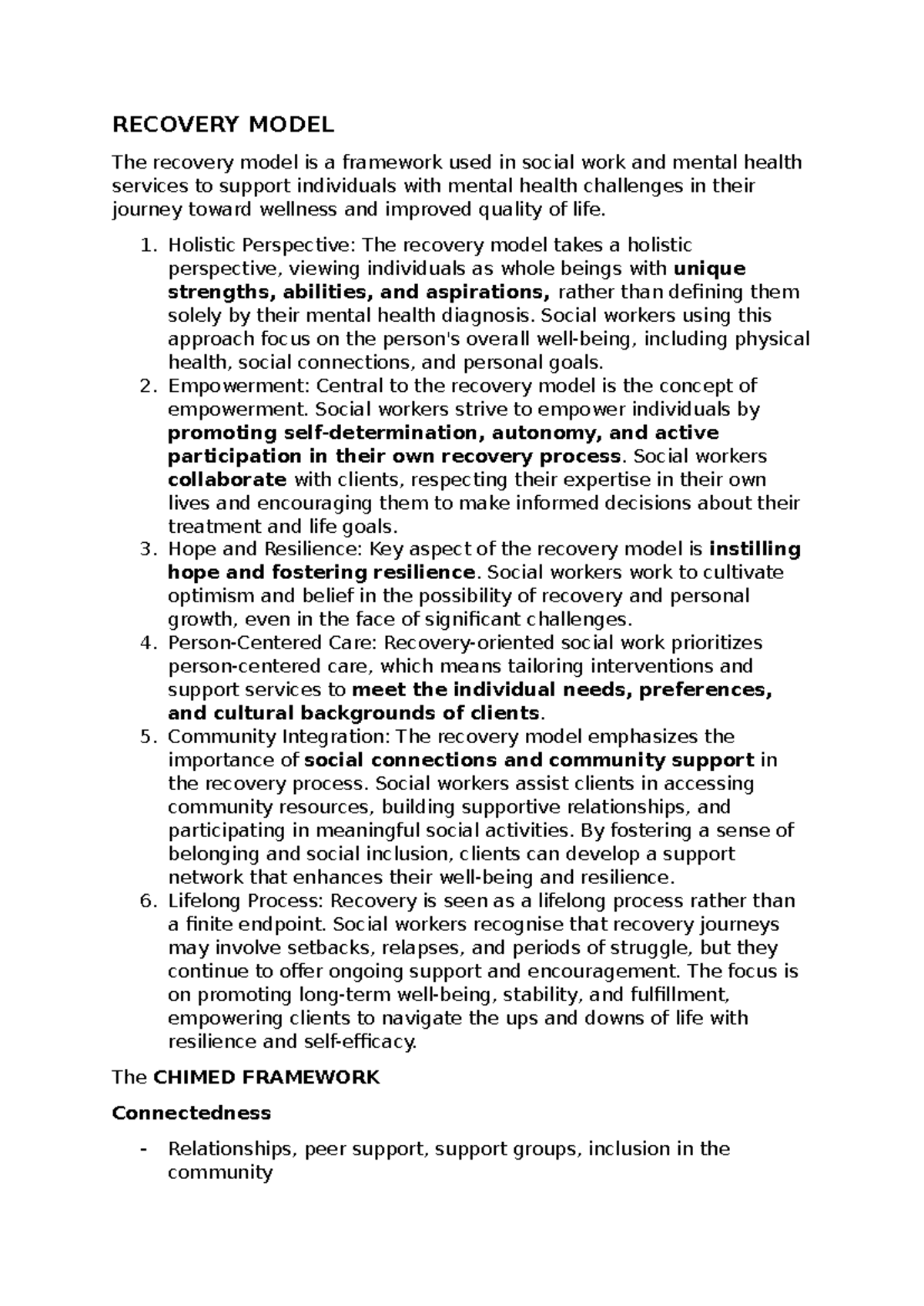 Mental Health Exam - RECOVERY MODEL The recovery model is a framework ...