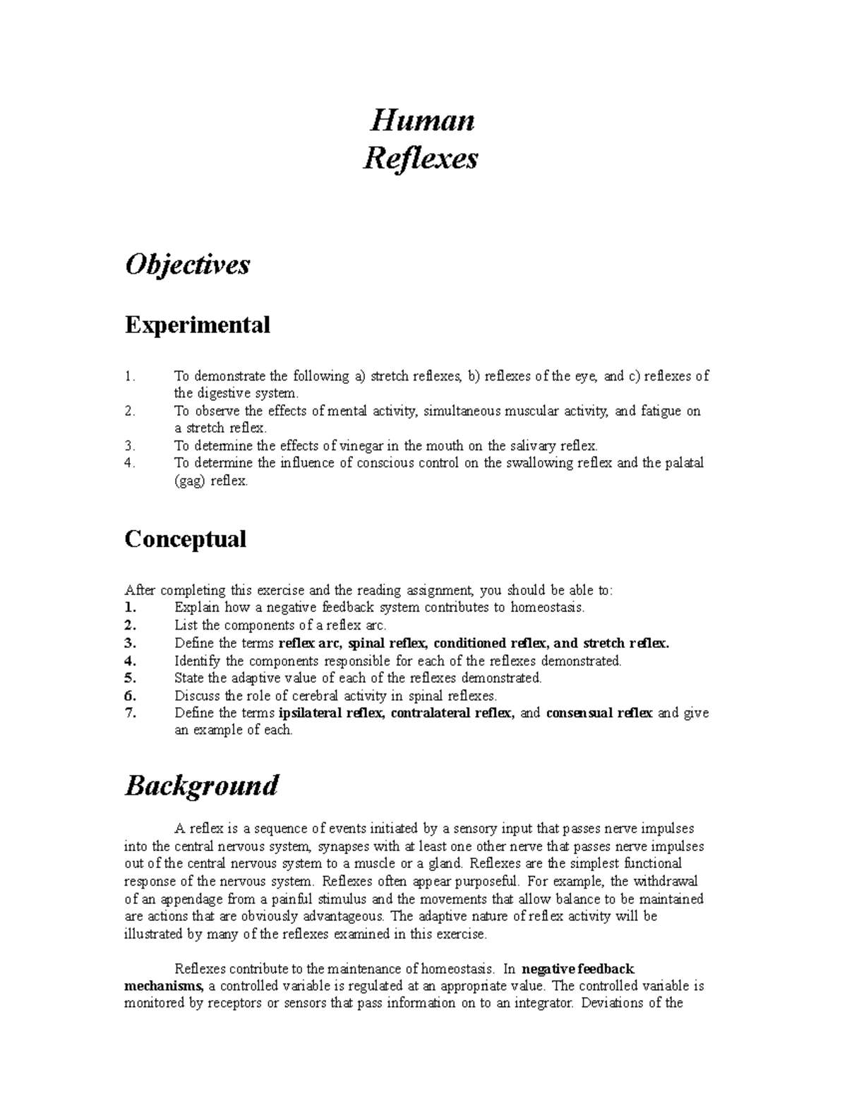 Human Reflexes Worksheet - Human Reflexes Objectives Experimental To ...