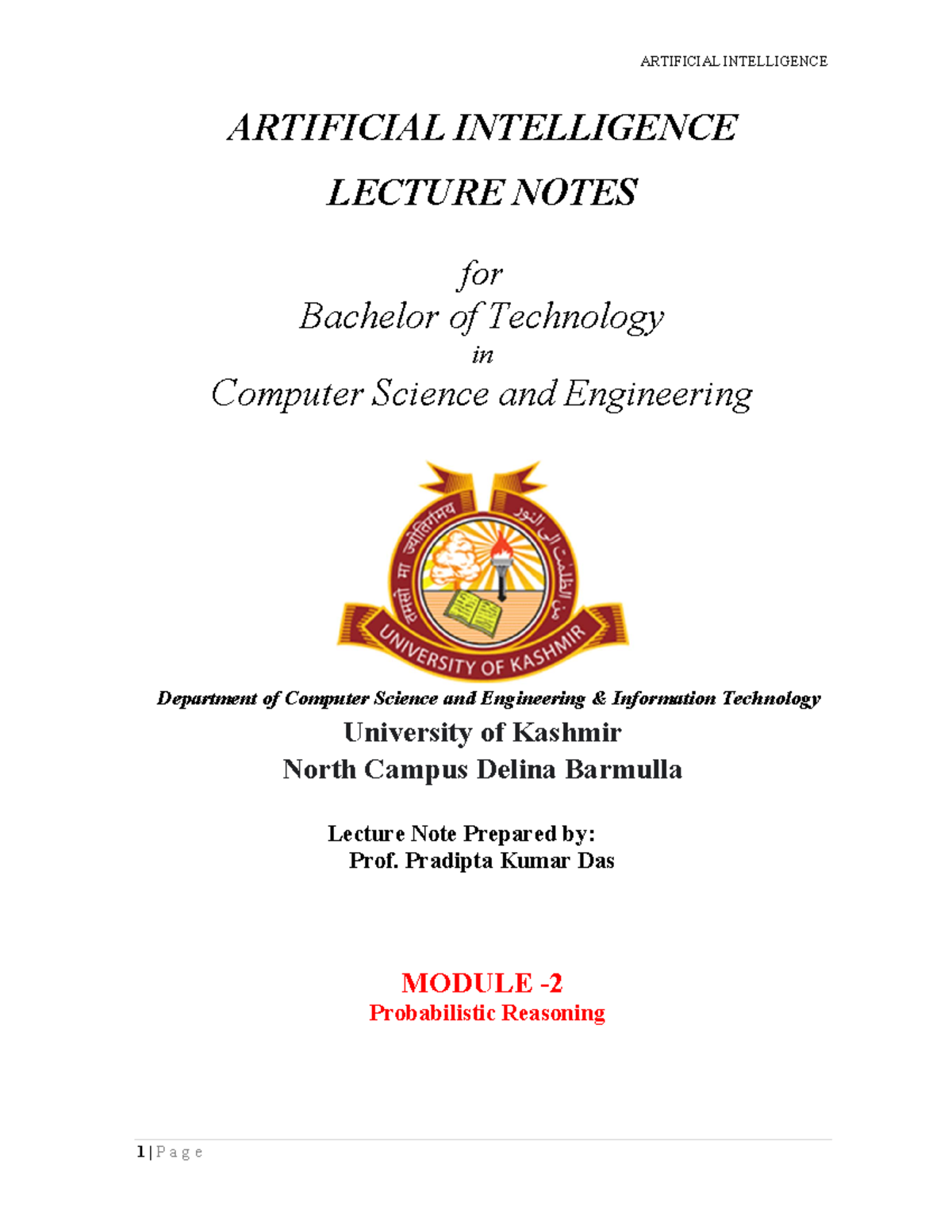 Artificial Intelligence Module 2 Probabilistic Reasoning - ARTIFICIAL ...