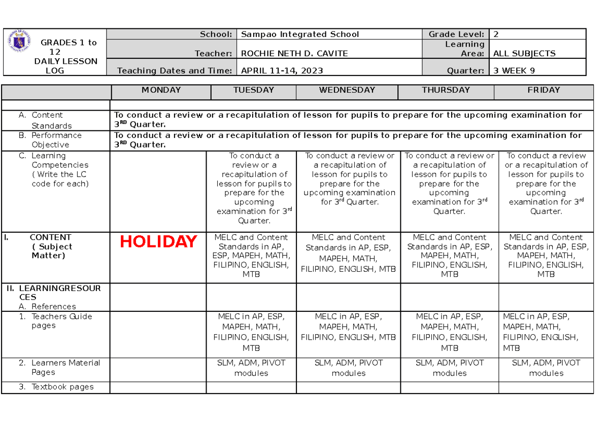 Review ALL Subjects DLL 9 - GRADES 1 to 12 DAILY LESSON LOG School ...