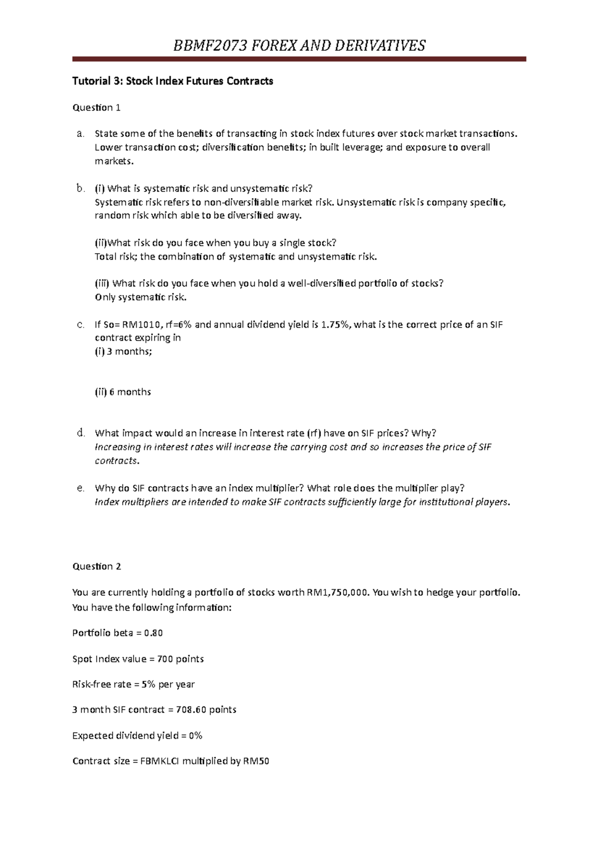 T3-Stock Index Futures Contracts - Answer - Tutorial 3: Stock Index Futures Contracts Question 1 ...