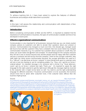 Learning Aim E Unit 1 P7 - done - Unit 1: Exploring Business Learning ...