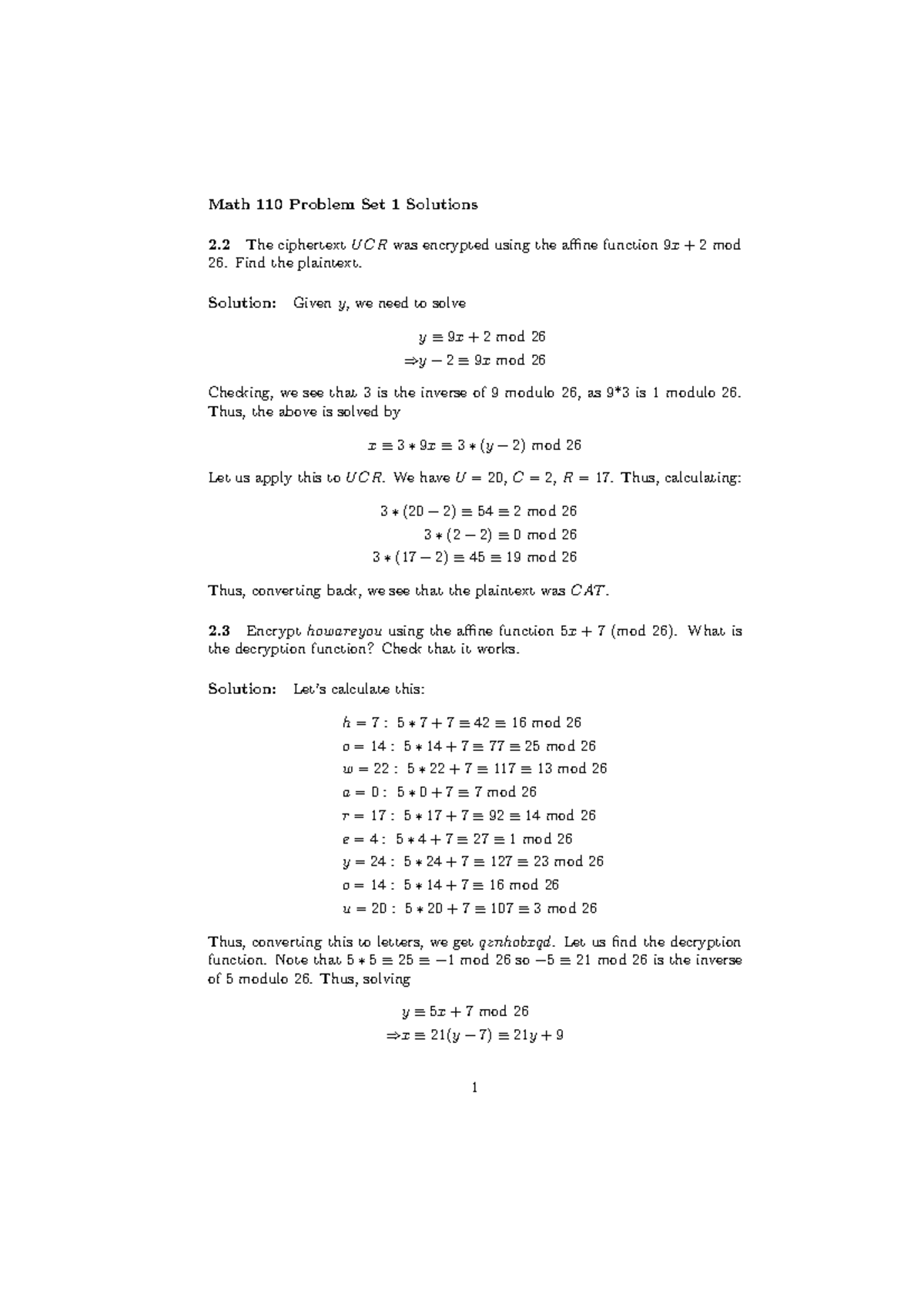 Math 110 Problem Set 1 - reading materials - Math 110 Problem Set 1 ...