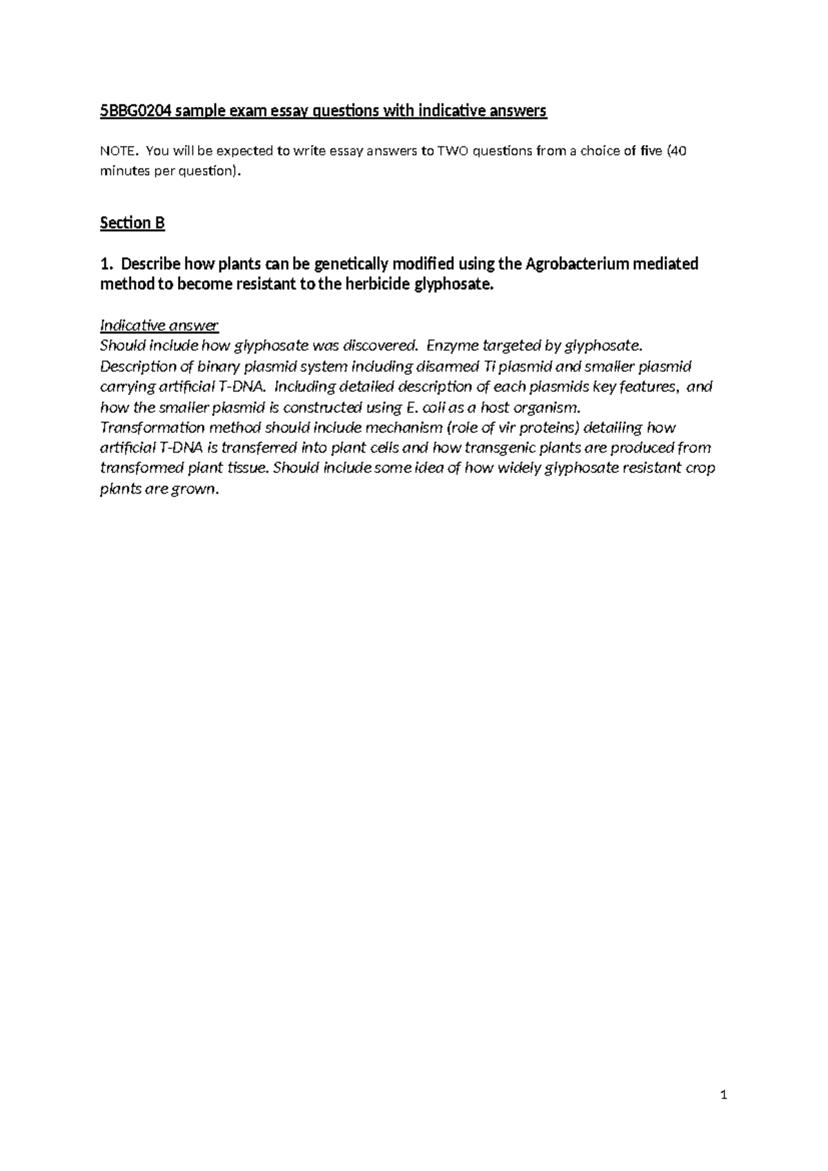 5BBG0204 sample exam essay questions with indicative answers - You will ...