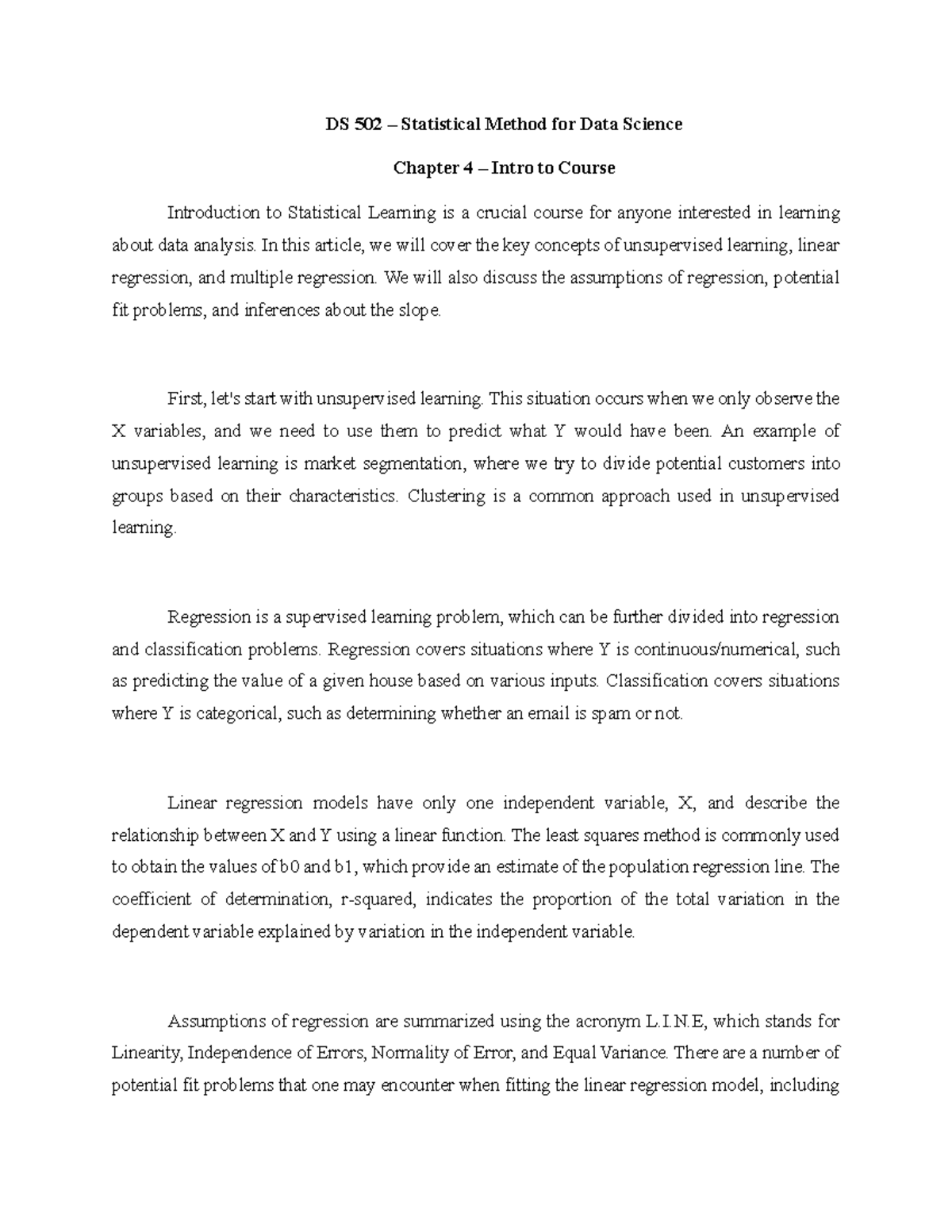 DS 502 - Summary Chapter 4 - Intro to Statistical Learning - DS 502 – Statistical Method for ...
