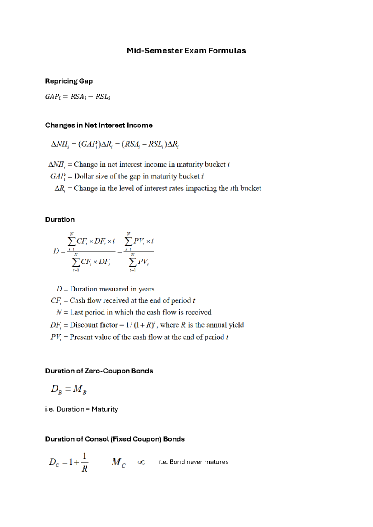 Mid-Semester Exam Formulas - Mid-Semester Exam Formulas Repricing Gap ...